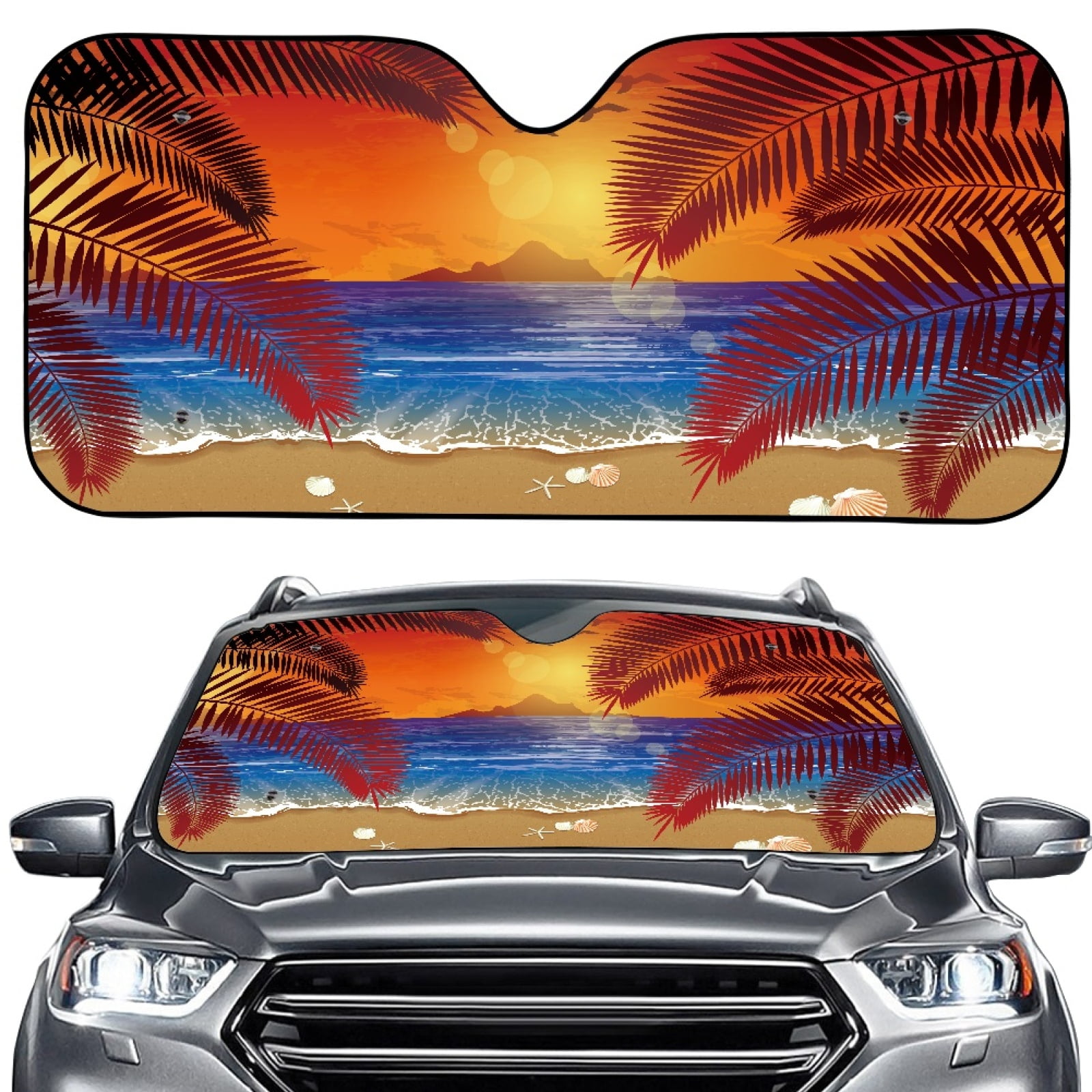 FORUDESIGNS Beach Palm Tree Pattern Car Windshield Sun Shade Universal ...