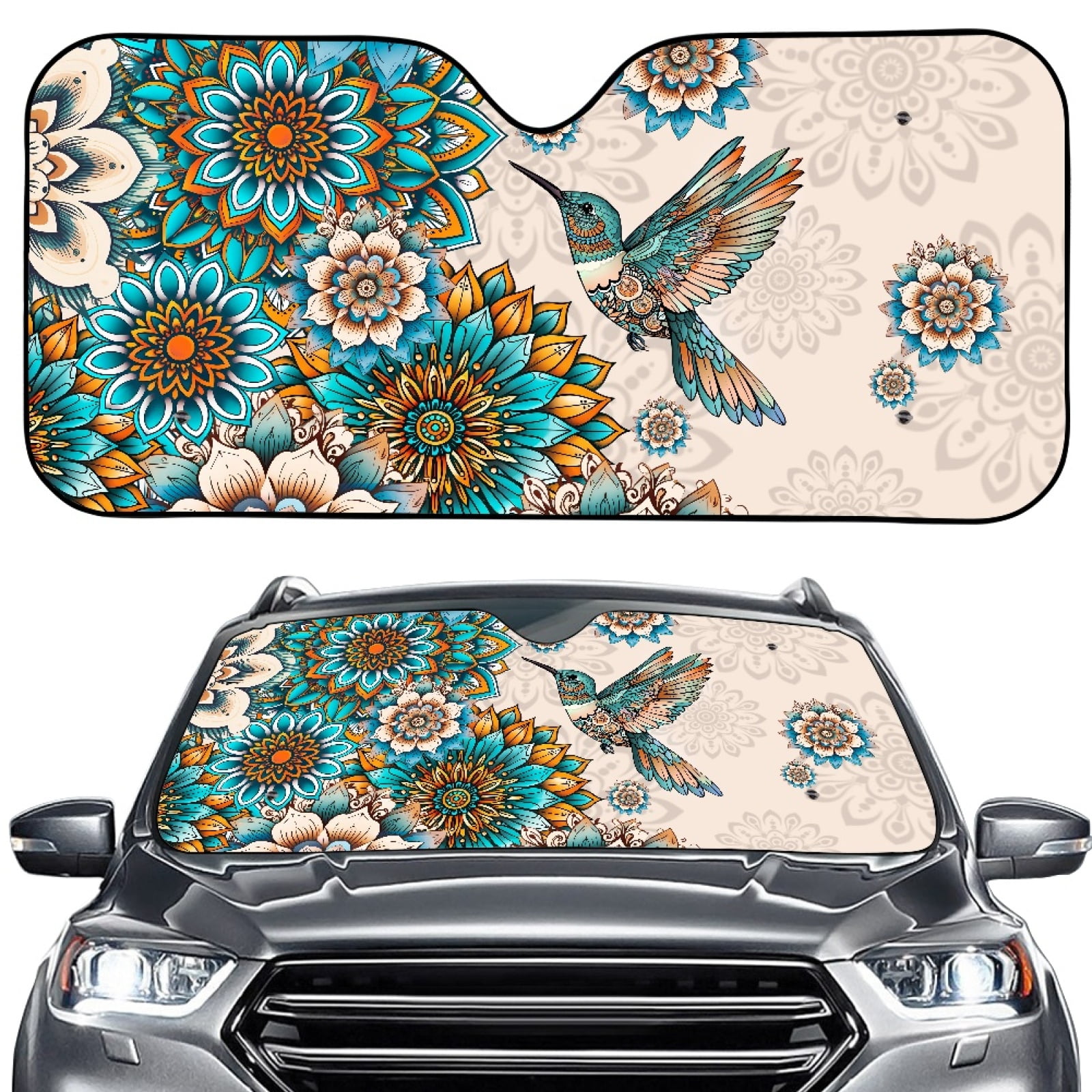 FORUDESIGNS Boho Mandala Hummingbird Pattern Car Windshield Sun Shade ...