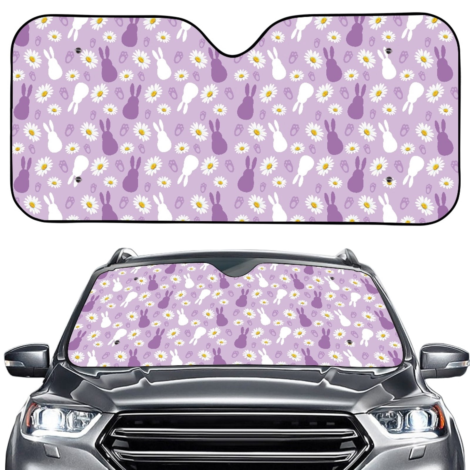 FORUDESIGNS Bunny Daisy Pattern Car Windshield Sun Shade Foldable Auto ...