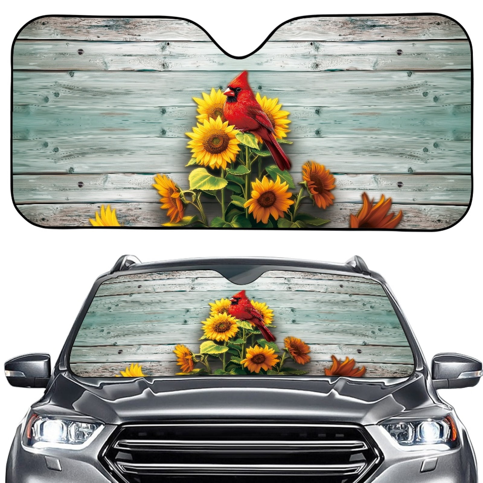 FORUDESIGNS Cardinal Sunflower Wood Pattern Car Windshield Sun Shade ...