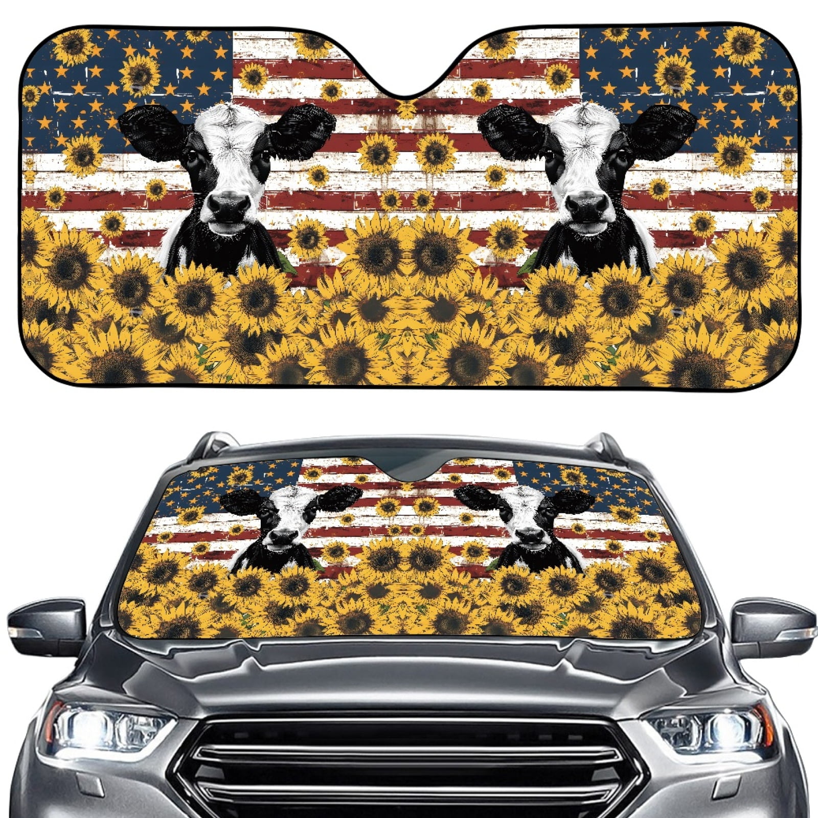 FORUDESIGNS Cow Sunflower American Flag Print Car Windshield Sun Shade ...