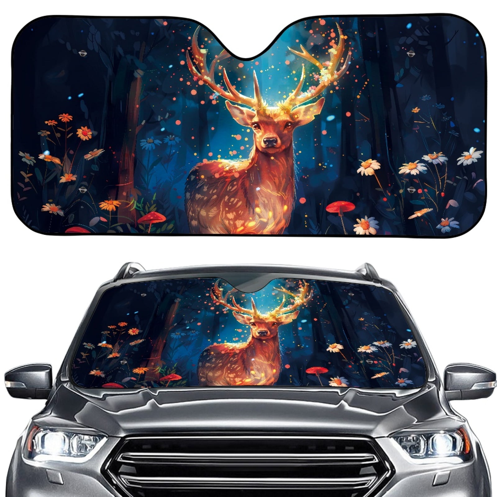FORUDESIGNS Deer Mushroom Daisy Print Car Windshield Sun Shade Foldable ...