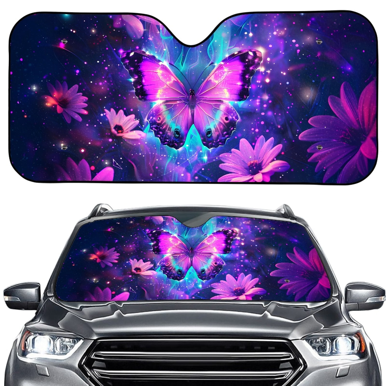 FORUDESIGNS Galaxy Butterfly Daisy Pattern Car Windshield Sun Shade ...