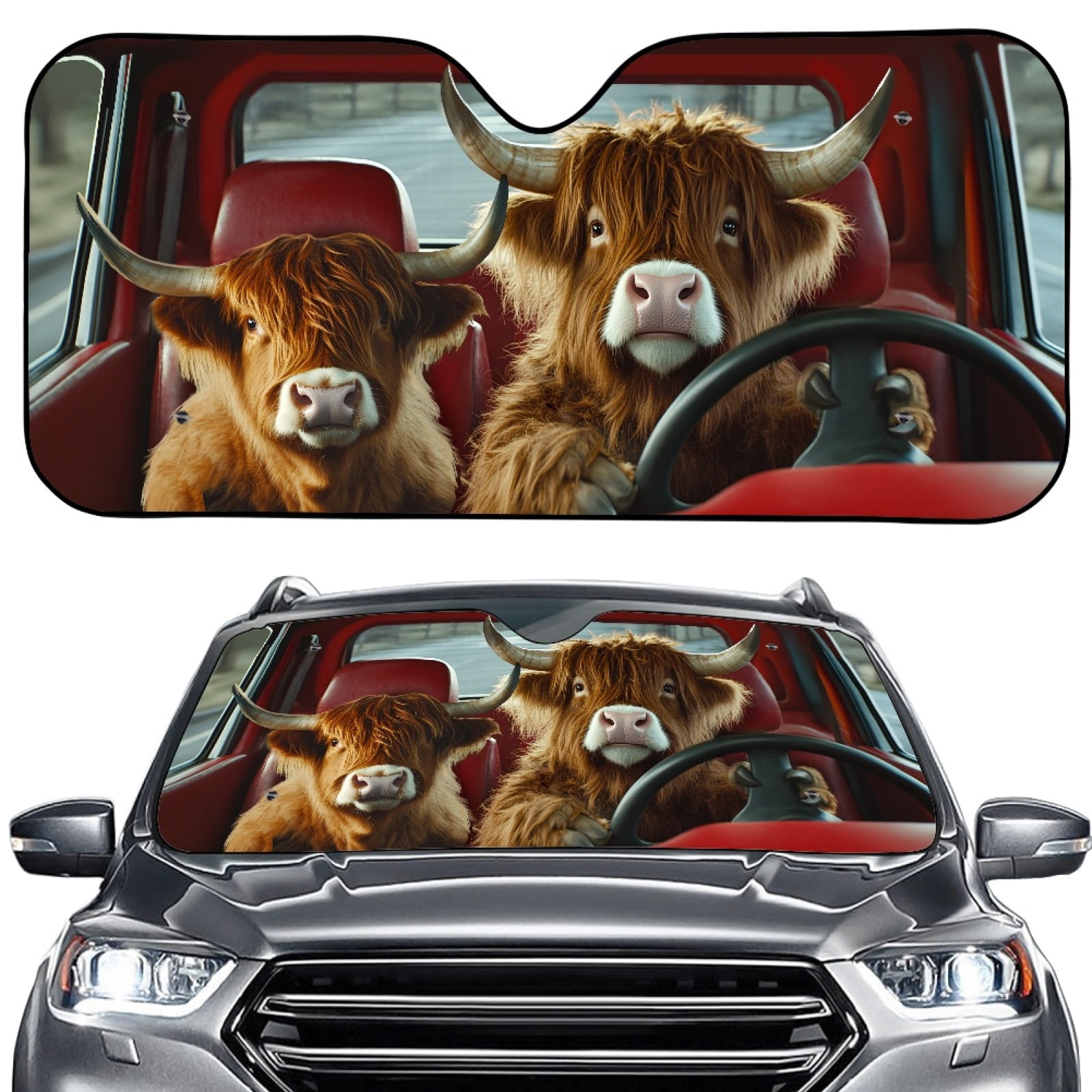 FORUDESIGNS Highland Cattle Print Car Windshield Sun Shade Waterproof ...