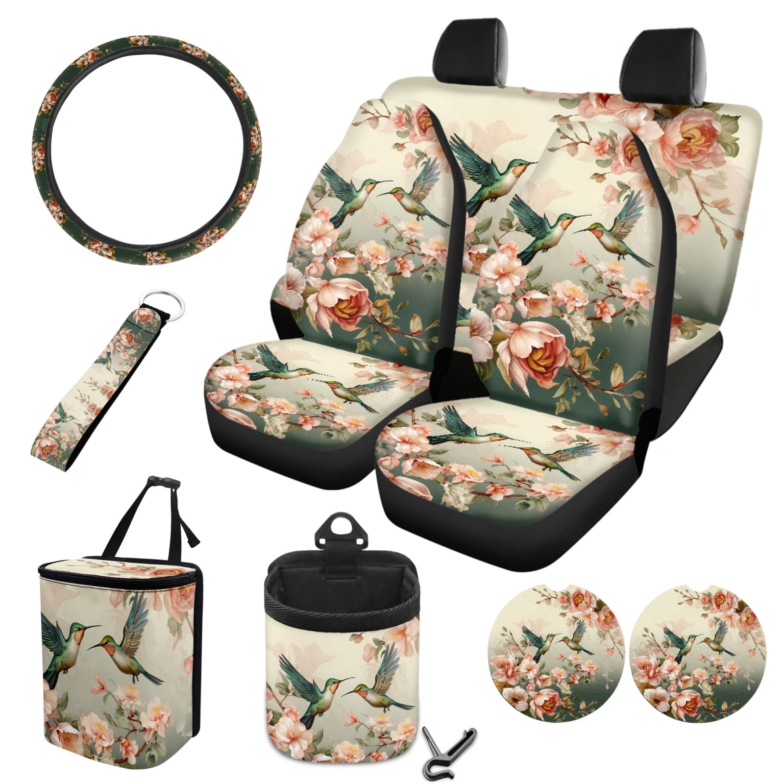 FORUDESIGNS Hummingbird Flower Pattern Car Seat Covers Full Sets of 10 ...