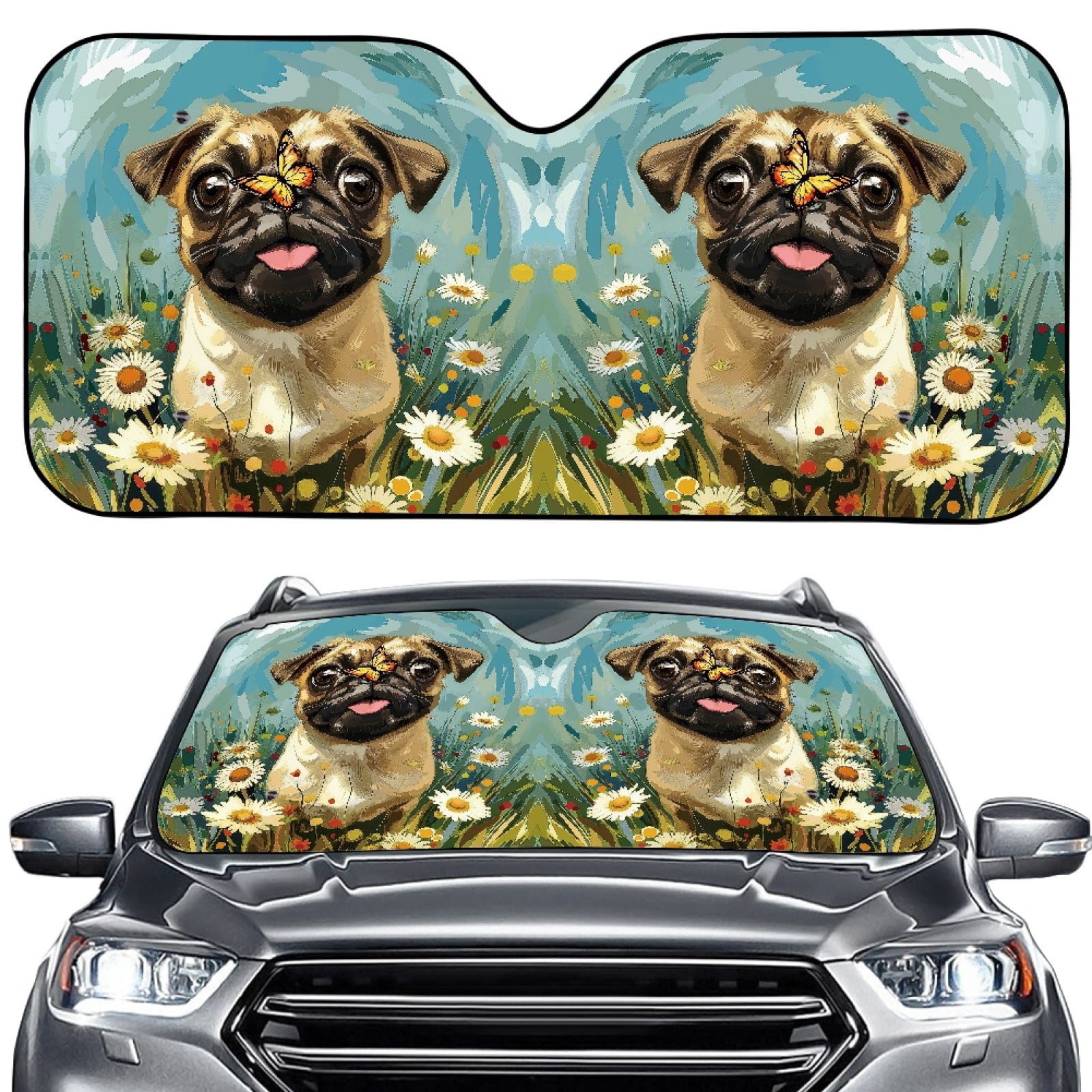 FORUDESIGNS Pug Dog Daisy Pattern Car Windshield Sun Shade Waterproof ...