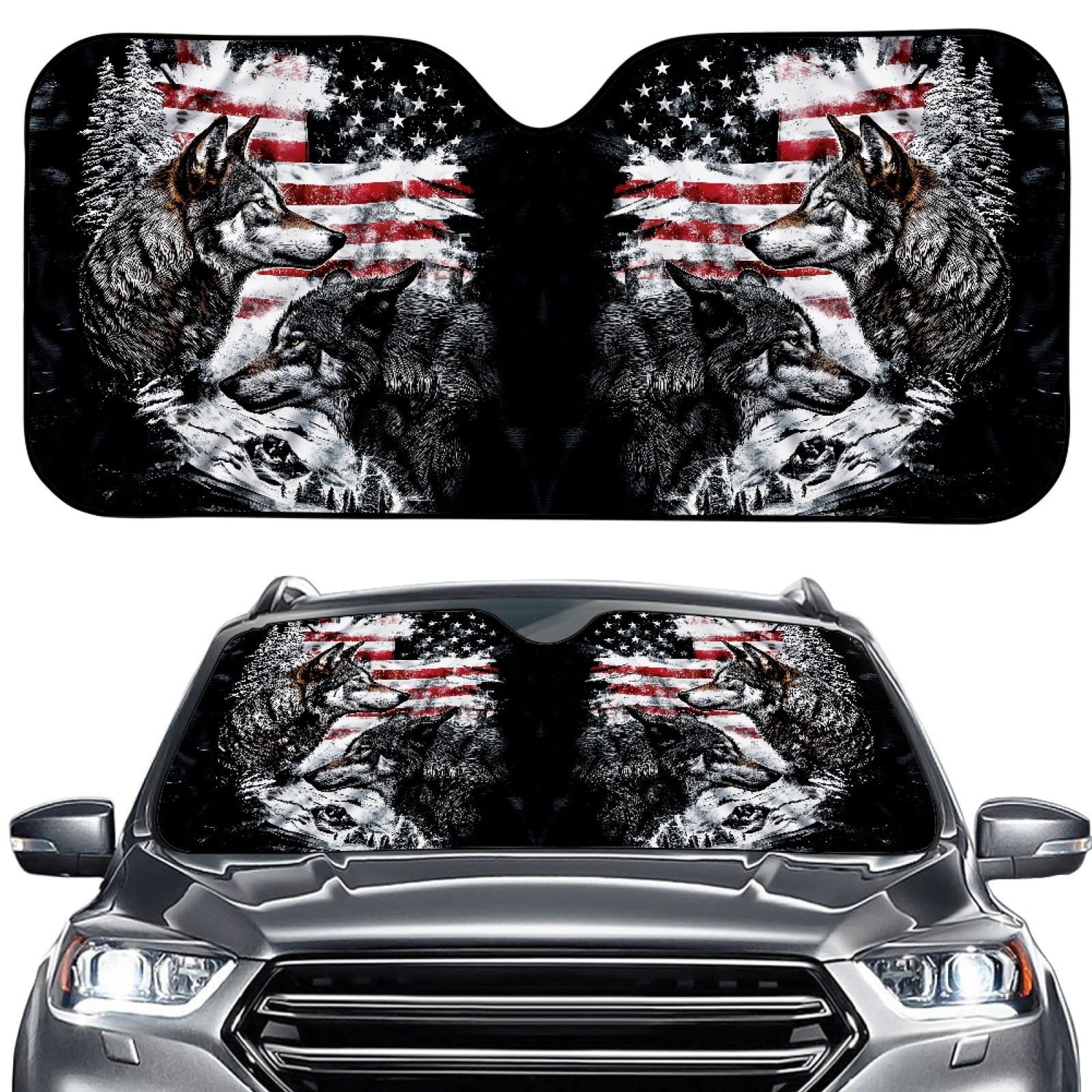 FORUDESIGNS Wolf American Flag Pattern Car Windshield Sun Shade ...