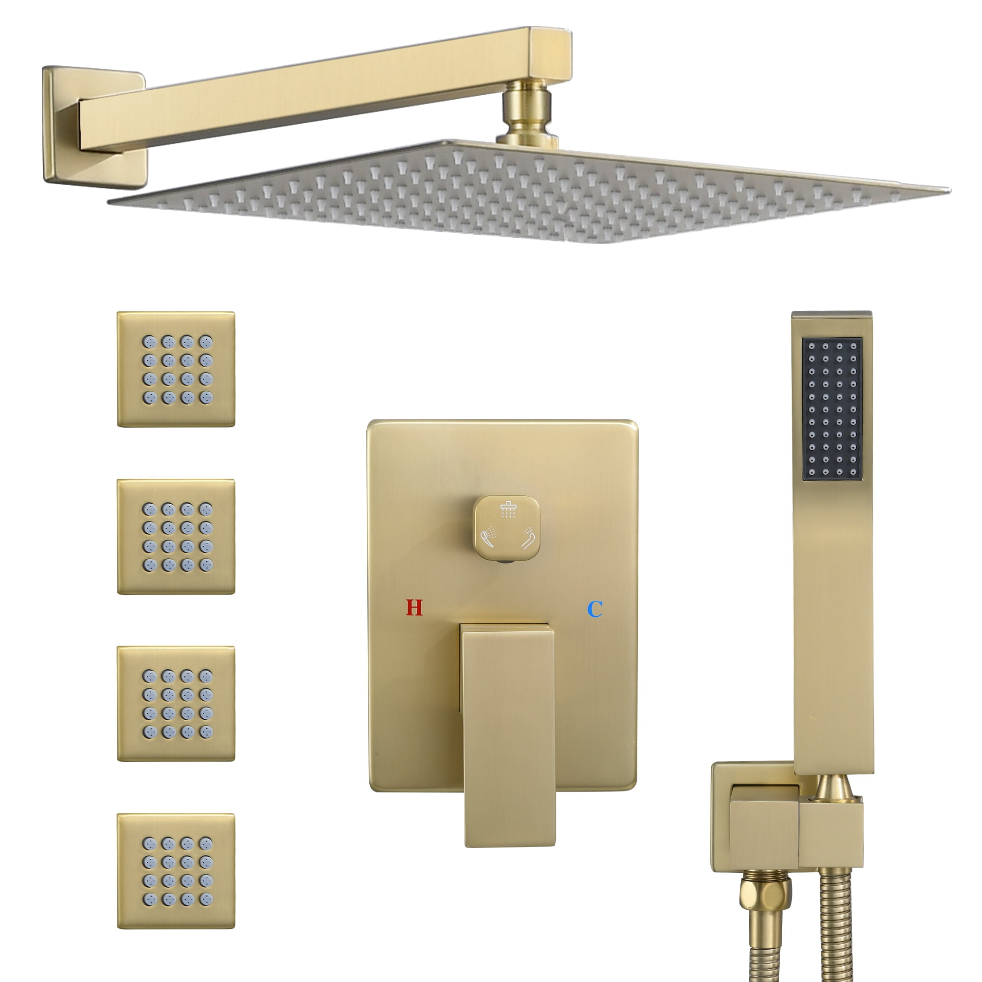 FOSES Rain Shower System with 4 Body Shower Spray Jets & 12'' Rainfall ...