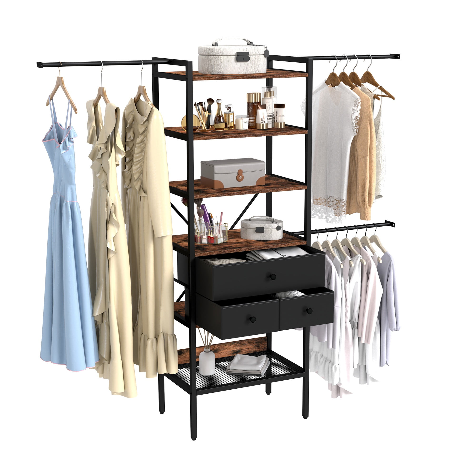 FOSHANC Metal Closet Organizer Rack with Shelves, Drawers, and Hanging ...
