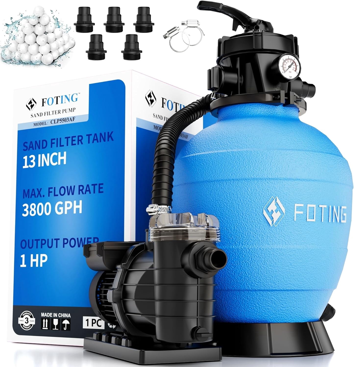 FOTING 13" 1HP 3800GPH Above Ground Pool Sand Filter Pump with 24H ...