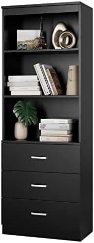 FOTOSOK 71“H Black Bookshelf with Drawers, Bookshelf and Bookcase with ...
