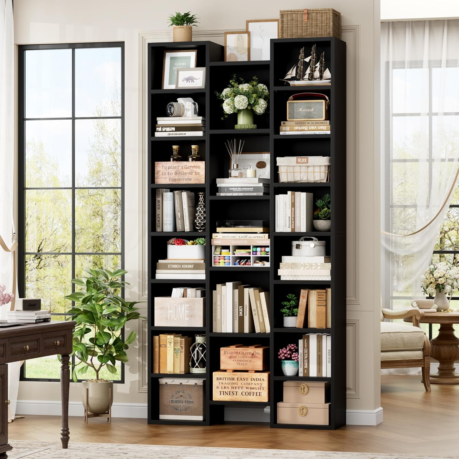 FOTOSOK 71’’ Tall Bookshelf, Triple Wide Black Bookshelf with ...
