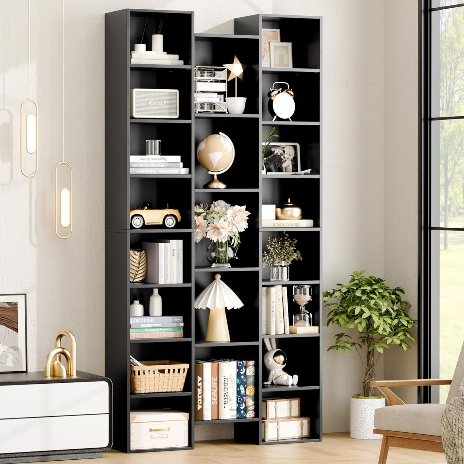 FOTOSOK 71’’ Tall Bookshelf, Triple Wide Black Bookshelf with ...
