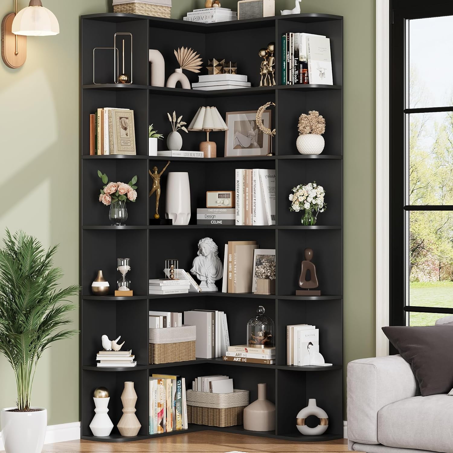 FOTOSOK 74” Tall Corner Bookshelf, 6-Tier Bookshelf and Bookcase with ...