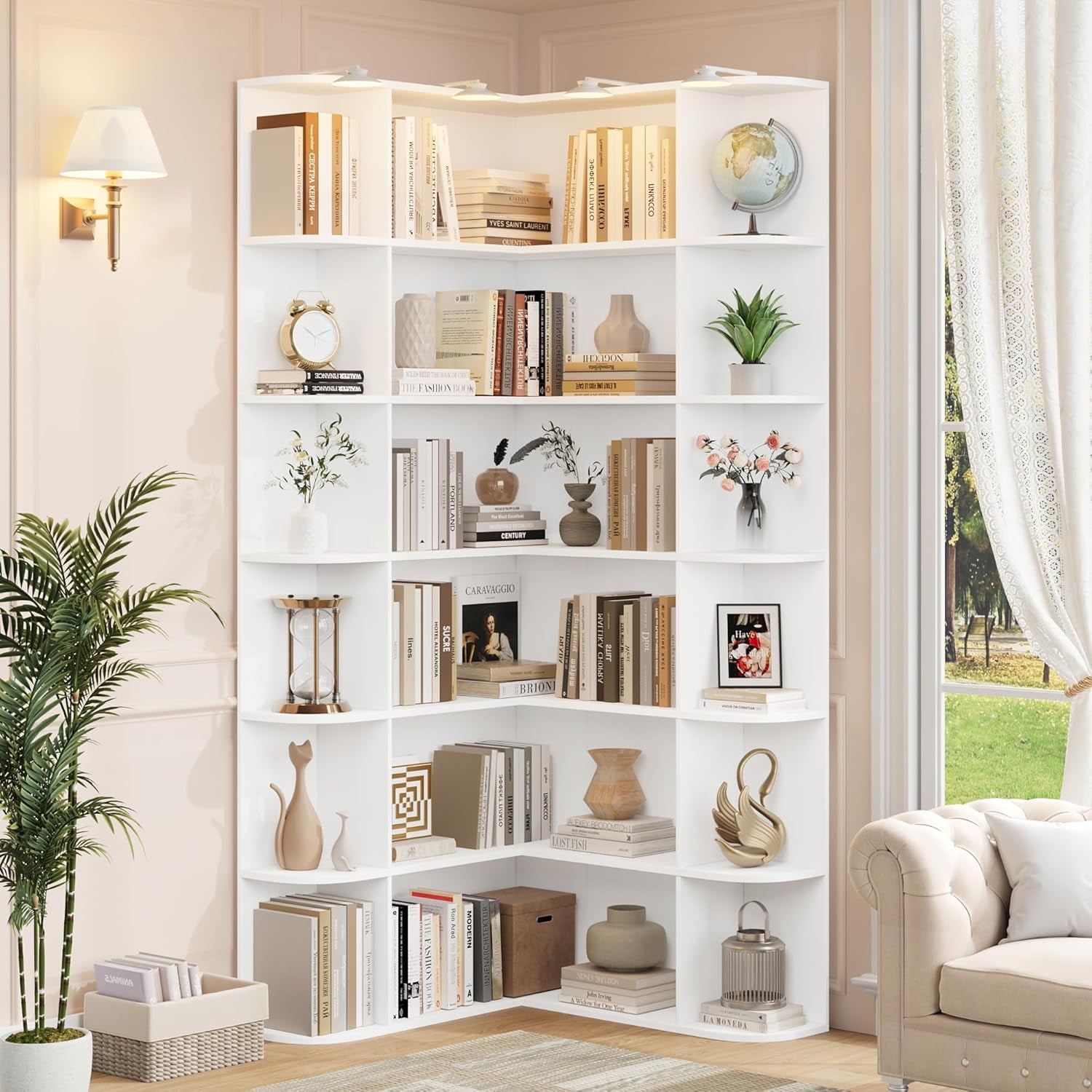 FOTOSOK 74” Tall Corner Bookshelf, 6-Tier Bookshelf and Bookcase with ...