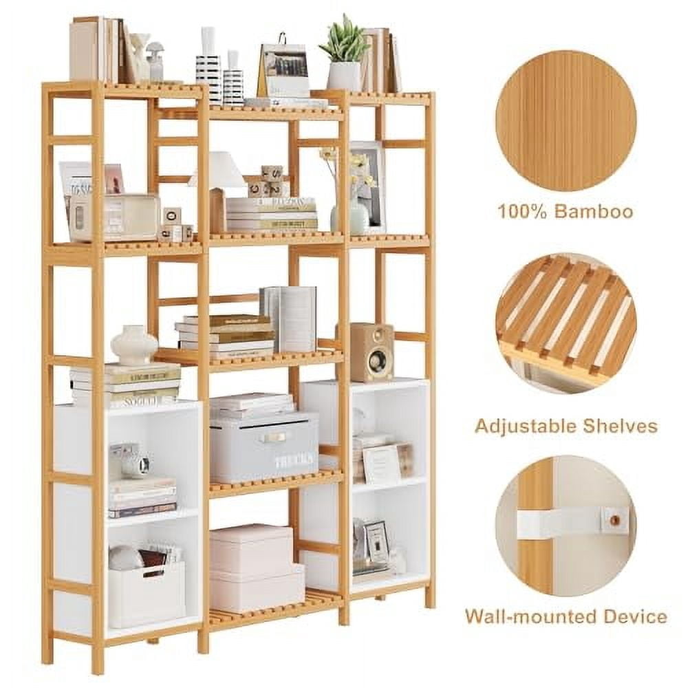 FOTOSOK Bamboo Shelf Bookcase, Triple Wide Bookshelf with 4 Cubes & 9 ...