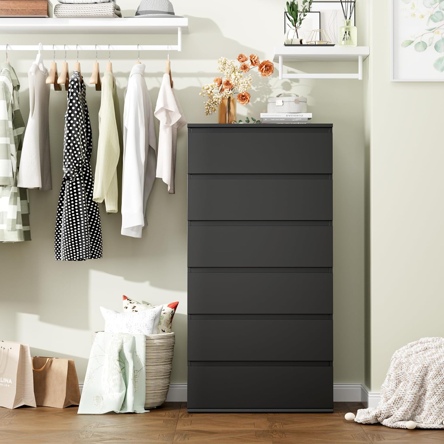 FOTOSOK Black Dresser, 6 Drawer Dresser, Modern Tall Black Storage ...