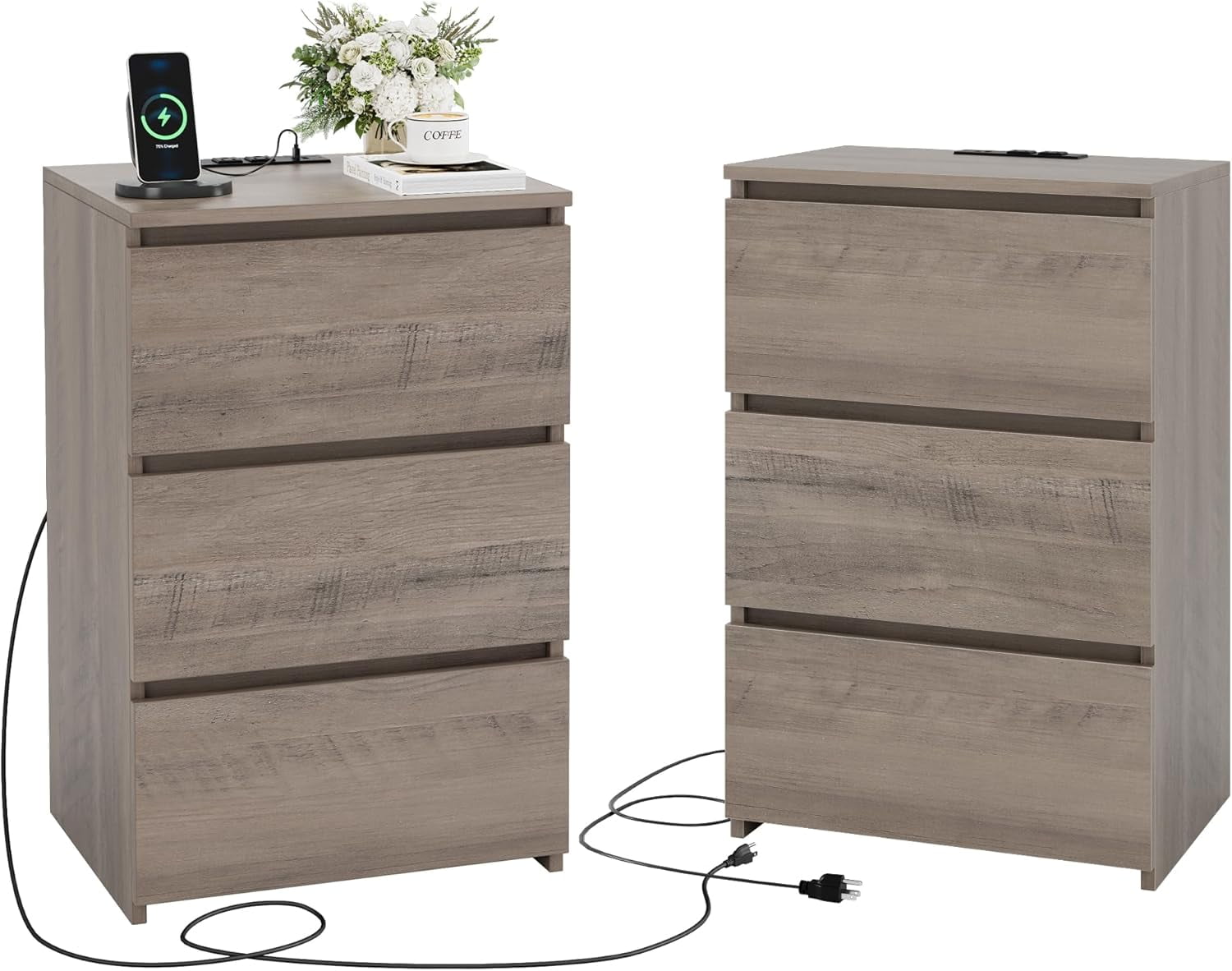 FOTOSOK Nightstand Set of 2 with Charging Station, Grey Night Stand ...