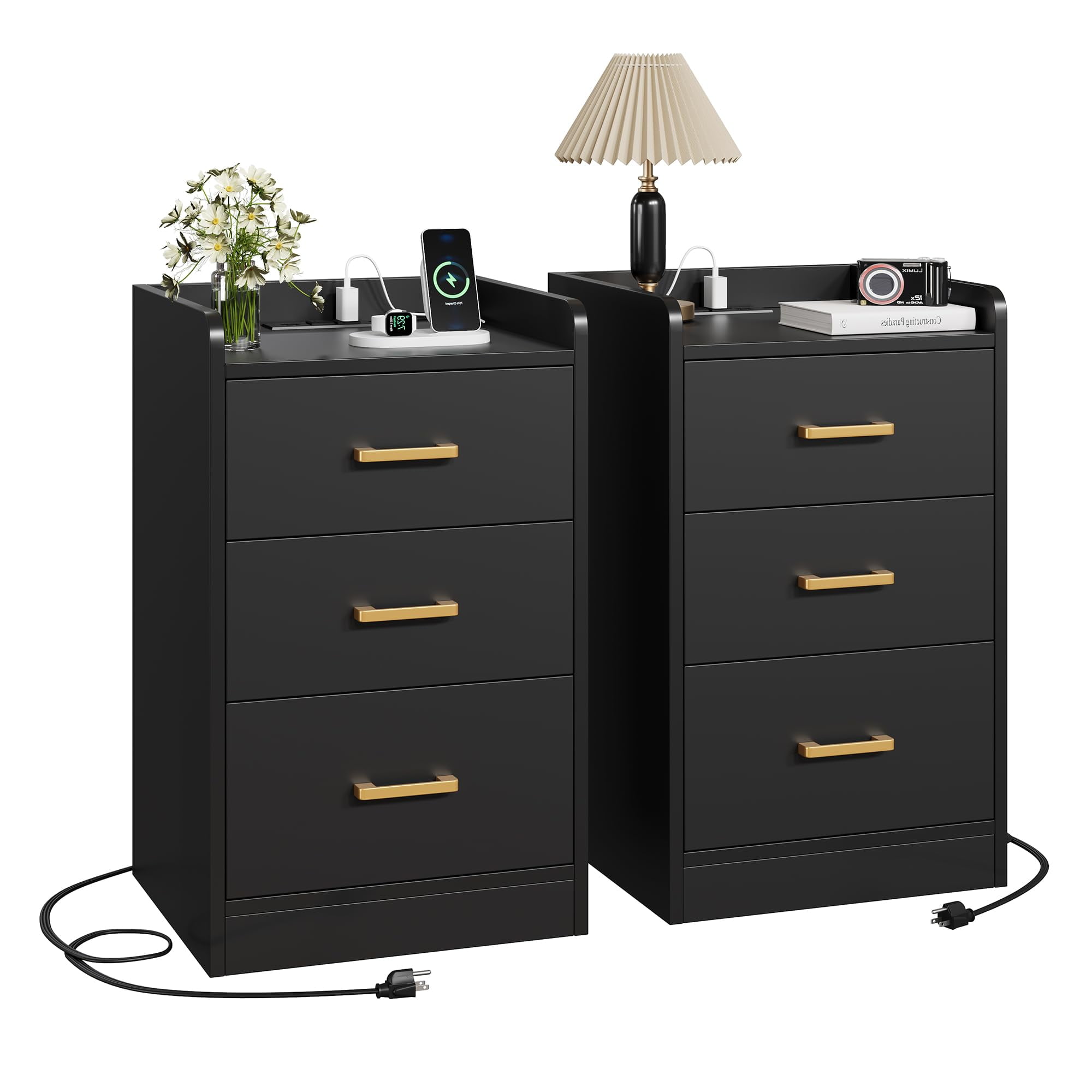 FOTOSOK Nightstands Set of 2 Black Nightstand with Charging Station, 3 ...