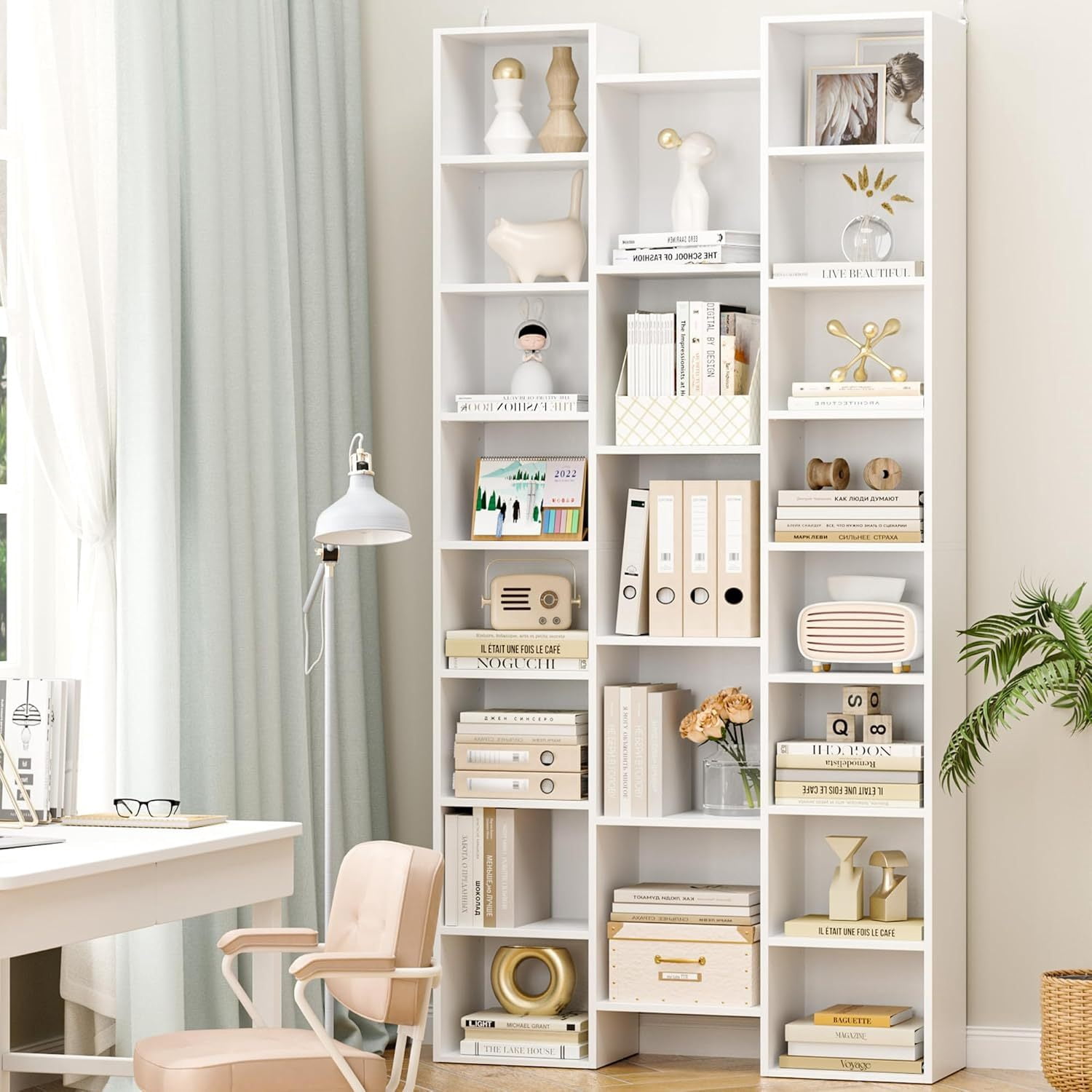 FOTOSOK Triple Wide 8 Tier Media Storage Tower Rack, White Bookshelf 71 ...