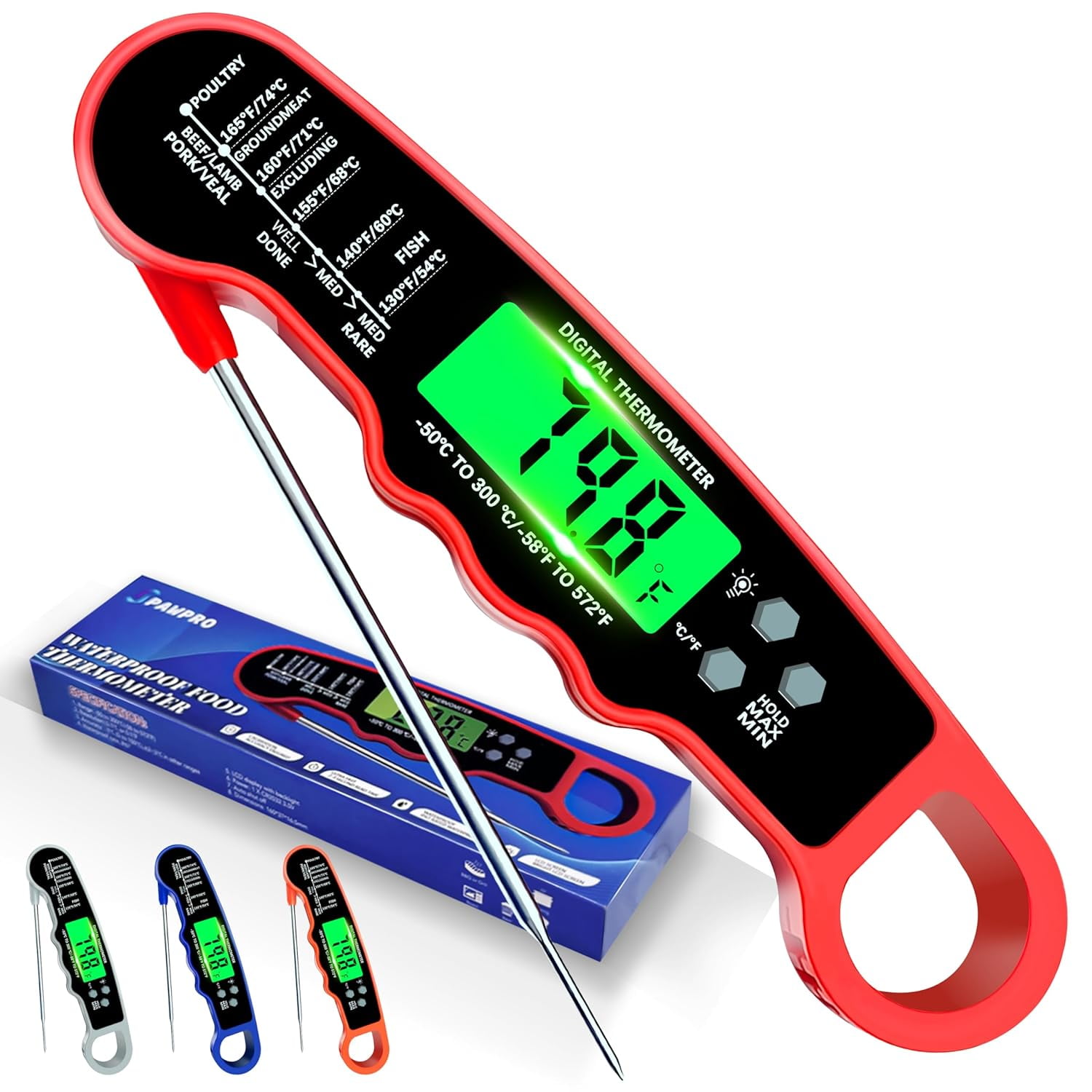 FOUKUS Digital Meat Thermometer – IP67 Waterproof Instant-Read Food Thermometer with Backlight ...