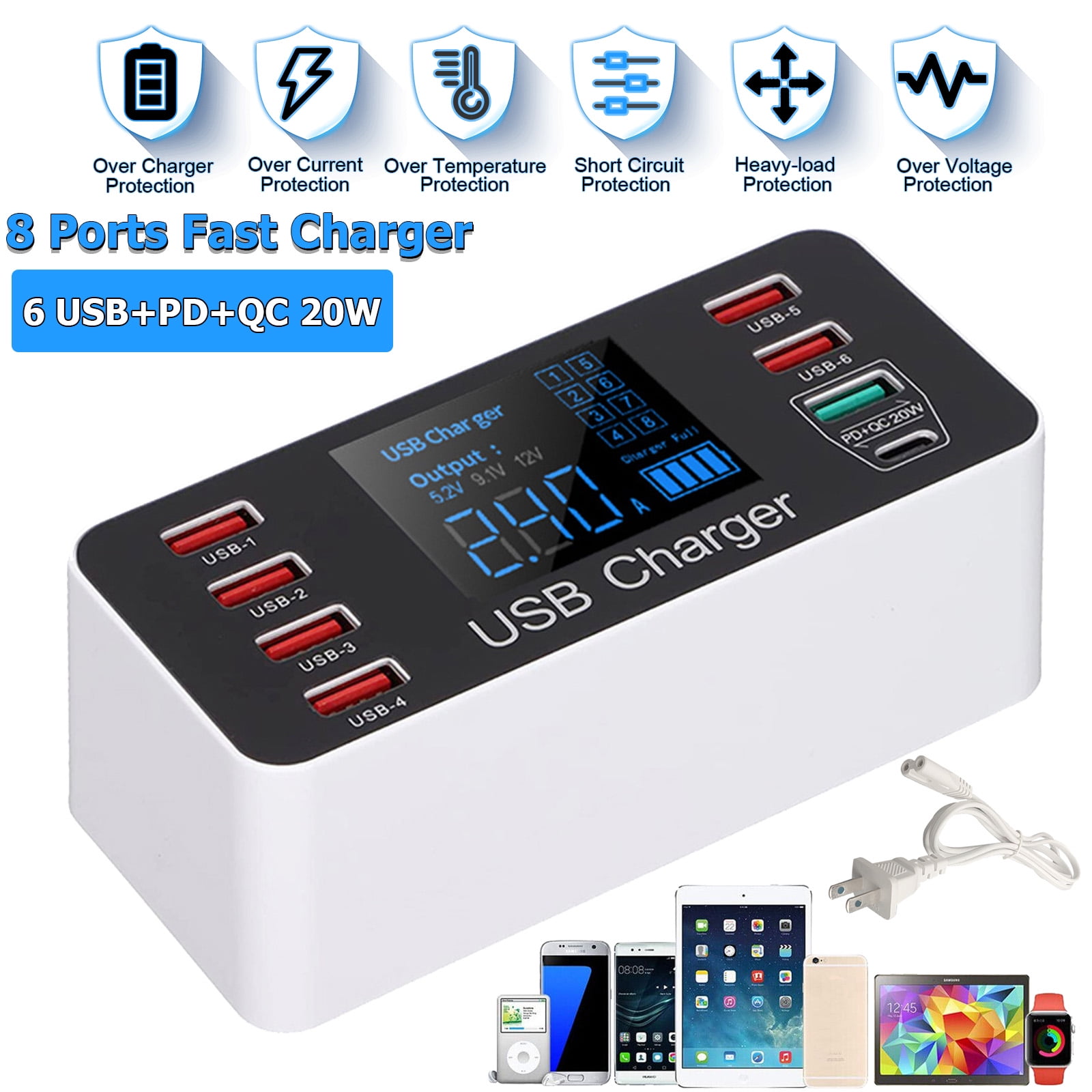 FOUNDLDF 8-Port USB Fast Charging Station - Multi-Port Desktop Charger ...