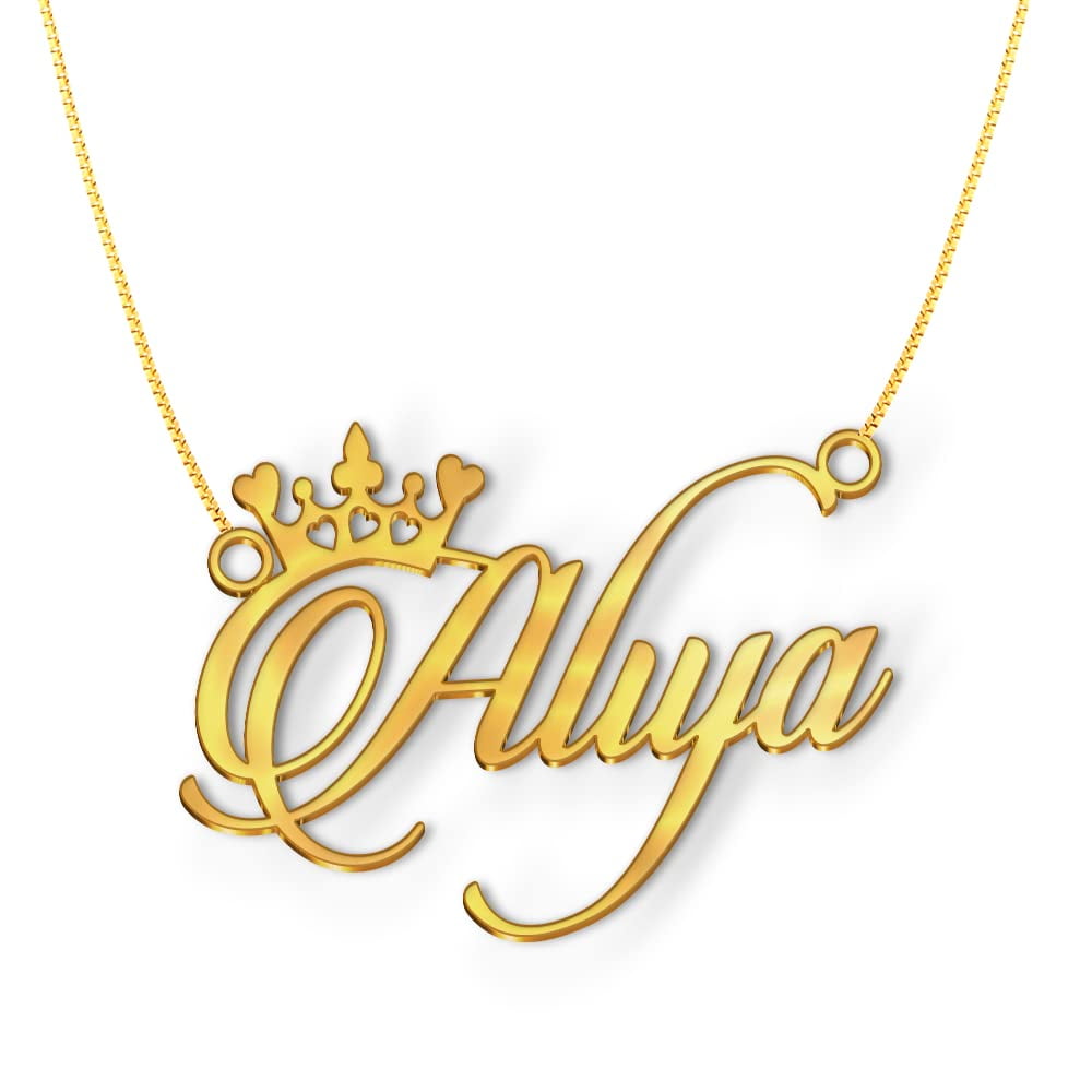 FOURTHLINE Aliya Name Necklace in Gold Polish – Cursive Font with Crown ...