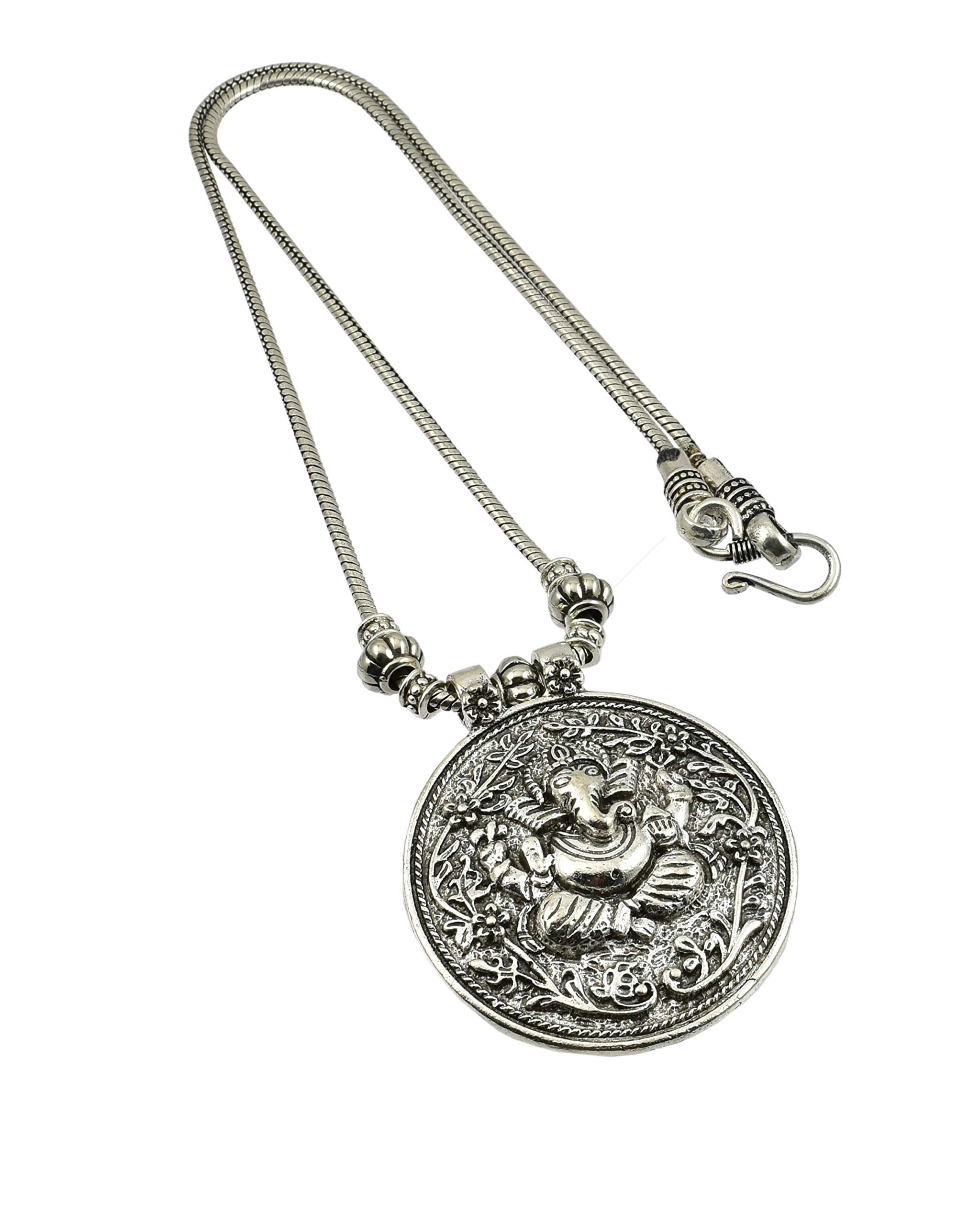 FOURTHLINE Oxidised Silver Metal Gypsy Style Statement Chain Pendant ...