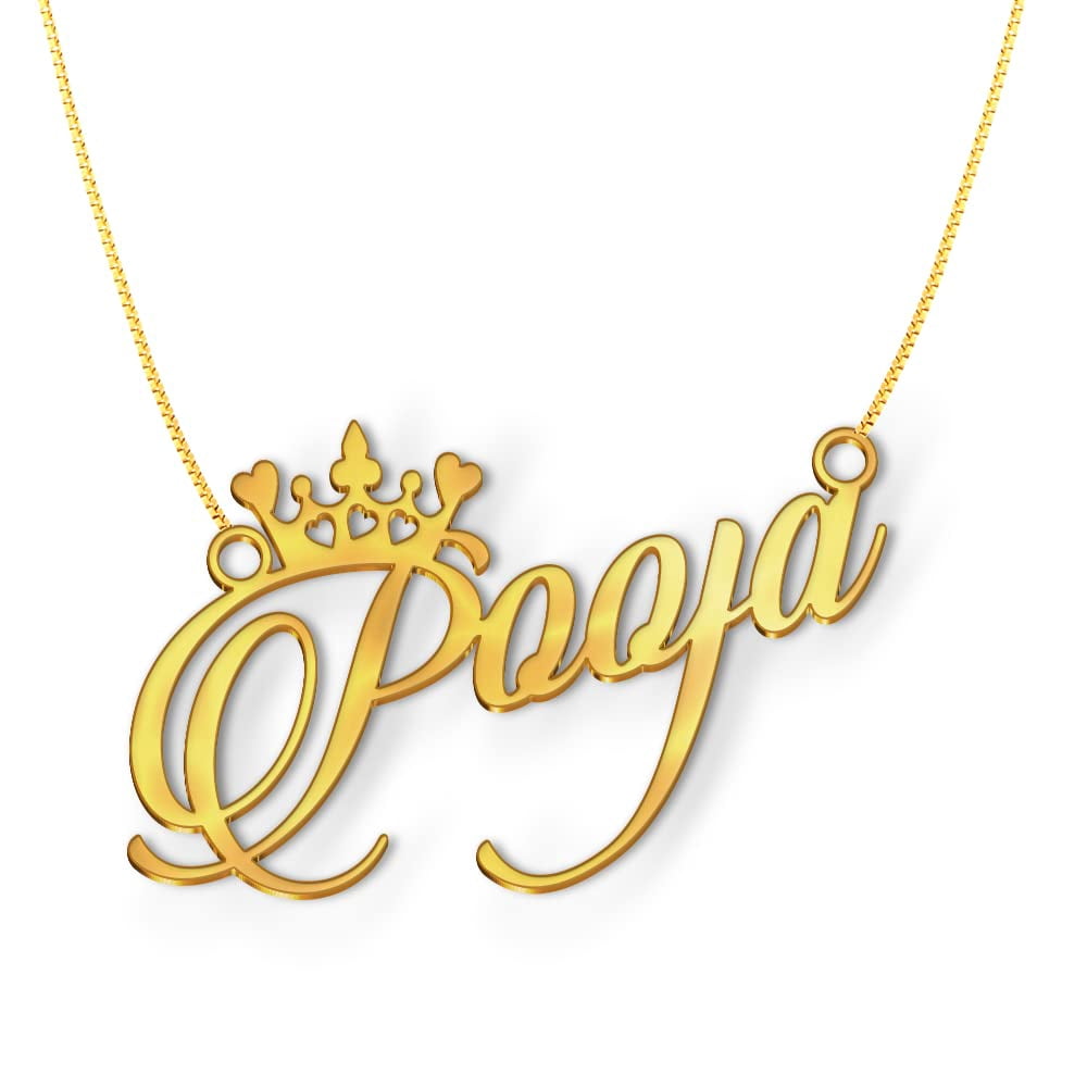 FOURTHLINE Pooja Name Necklace in Gold Polish – Cursive Font with Crown ...