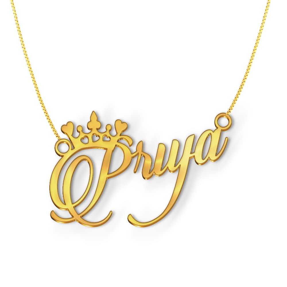 FOURTHLINE Priya Name Necklace in Gold Polish – Cursive Font with Crown ...