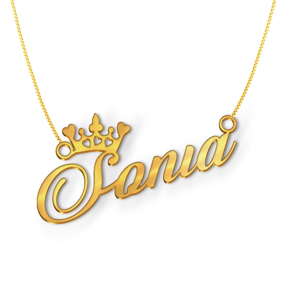 FOURTHLINE Sonia Name Necklace in Gold Polish – Cursive Font with Crown ...
