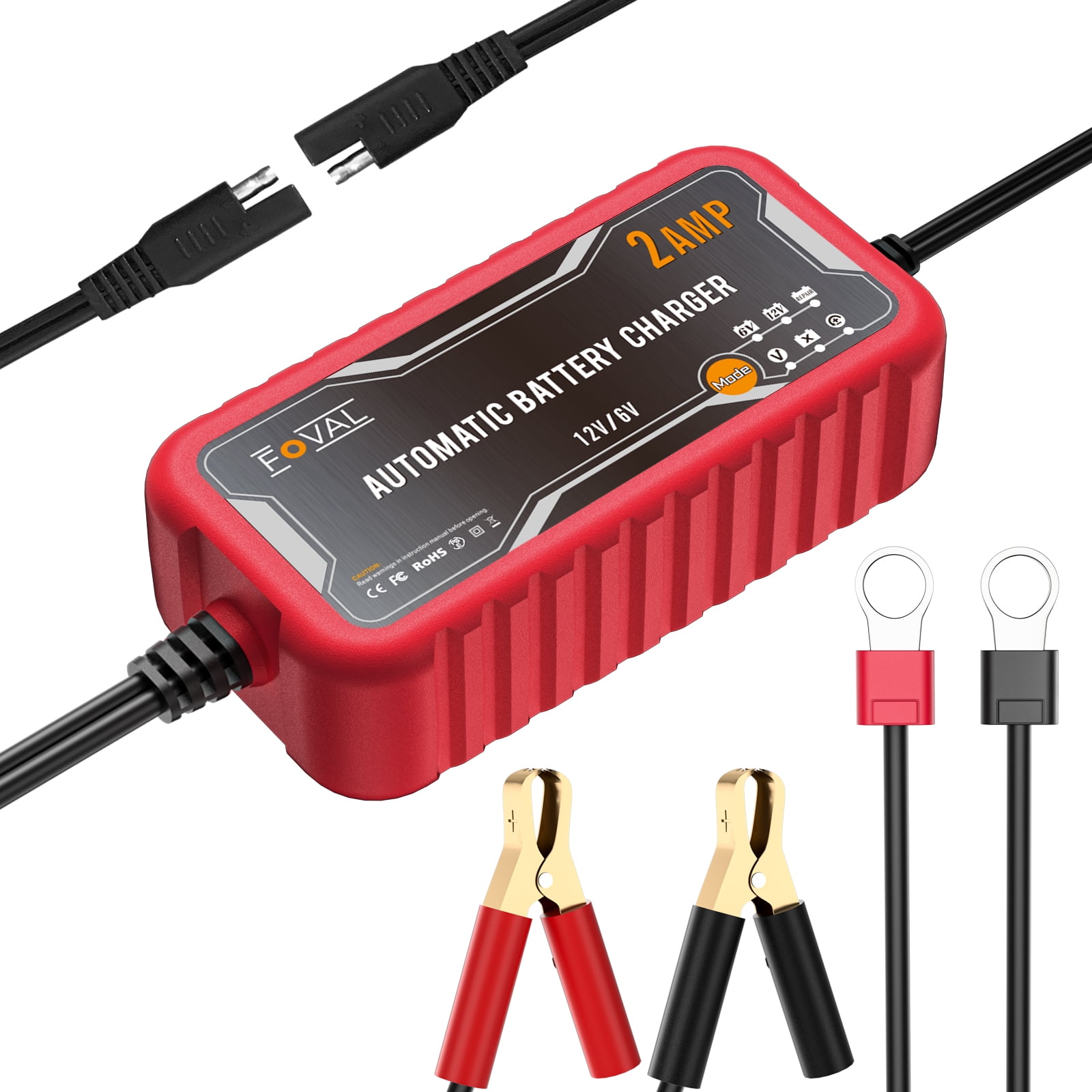 FOVAL 2-Amp Automatic Battery Charger, 6V/12V Smart Maintainer, Trickle ...