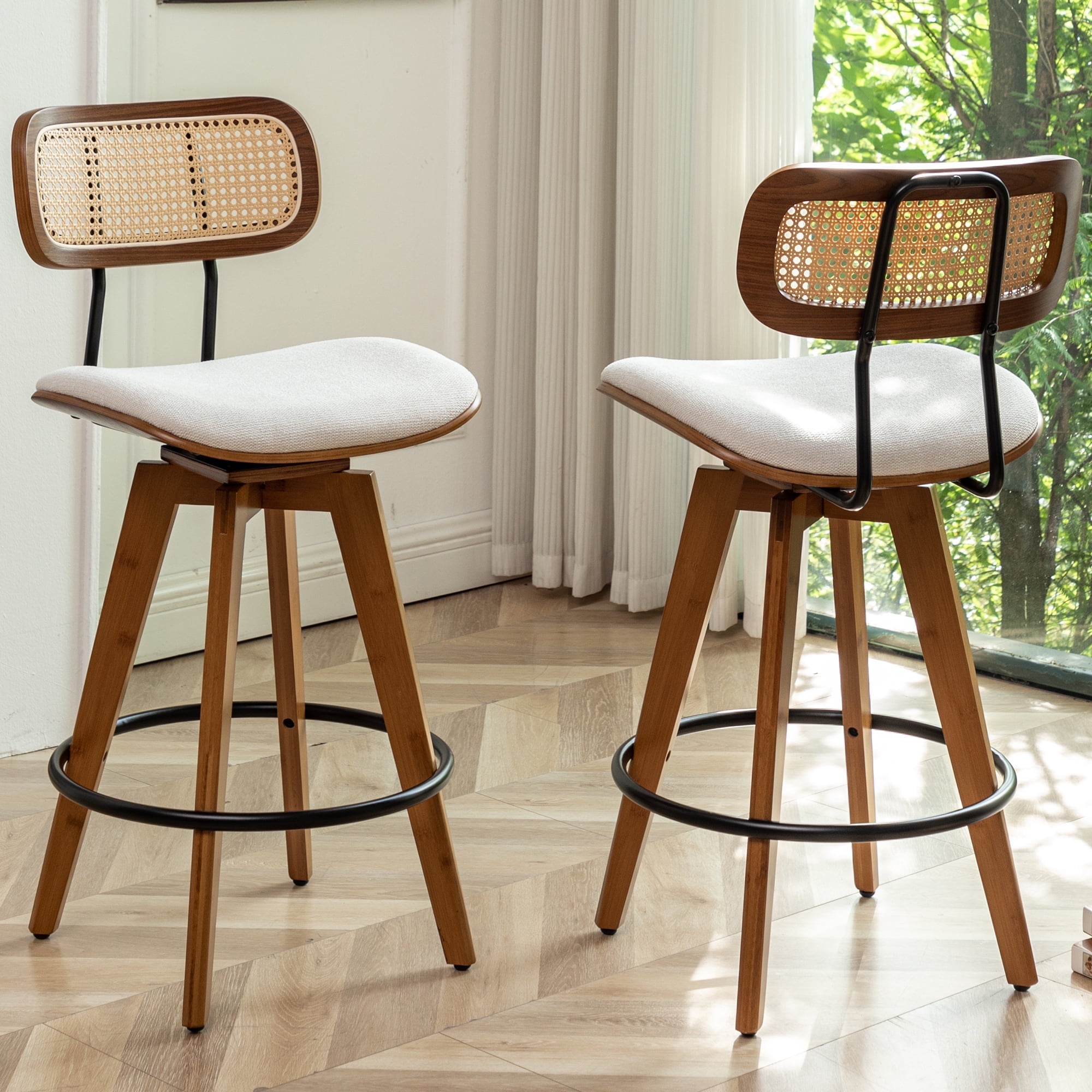 FOWEOAIU Bar Stools with Cane Back Fabric Upholstered Swivel 26 ...