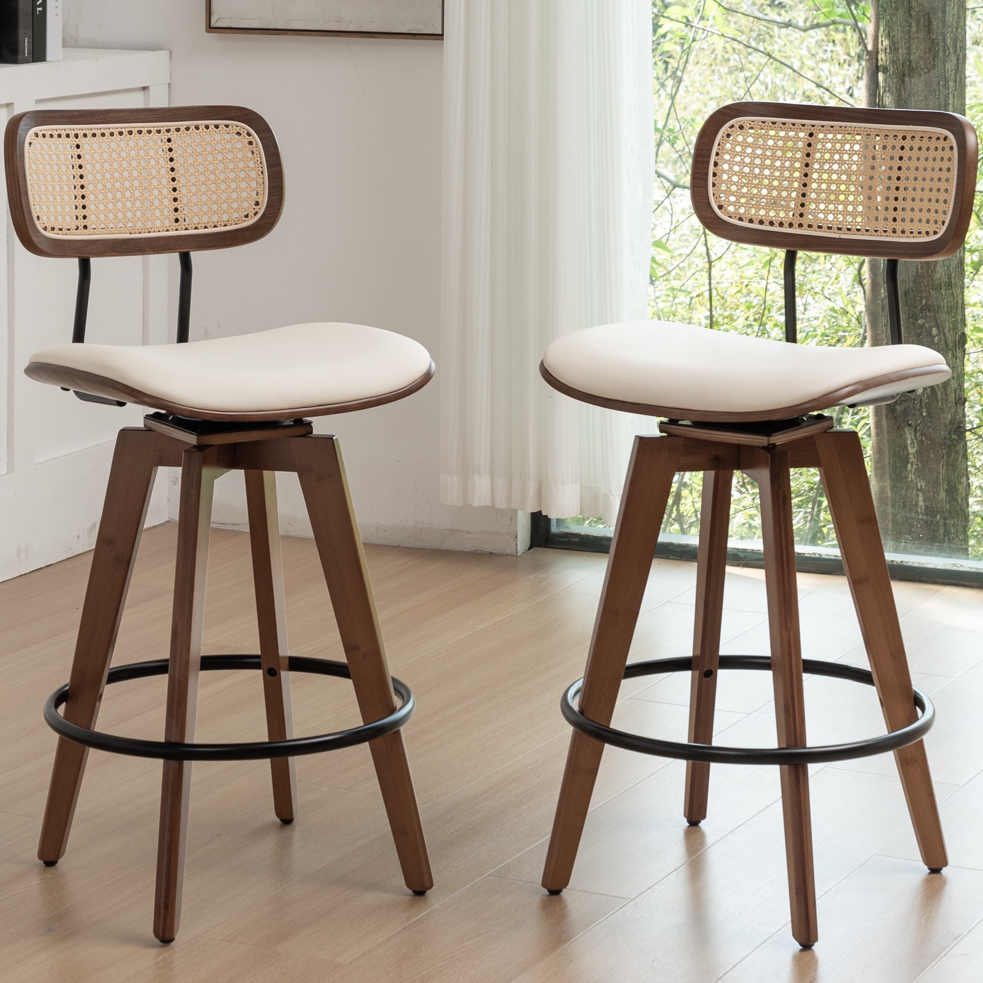 FOWEOAIU Bar Stools with Cane Back Leathe Upholstered Swivel 26 ...