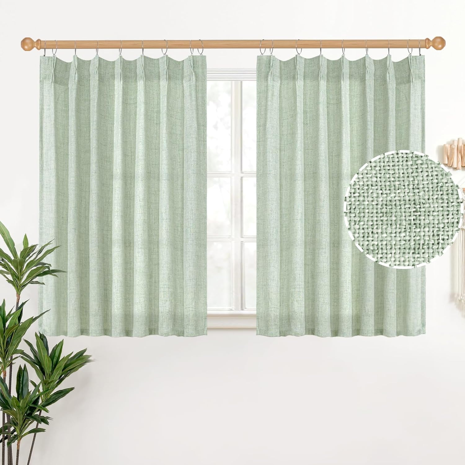 FOWWCN-Sage Green Linen Curtains 40 Inch Length for Kitchen Window ...