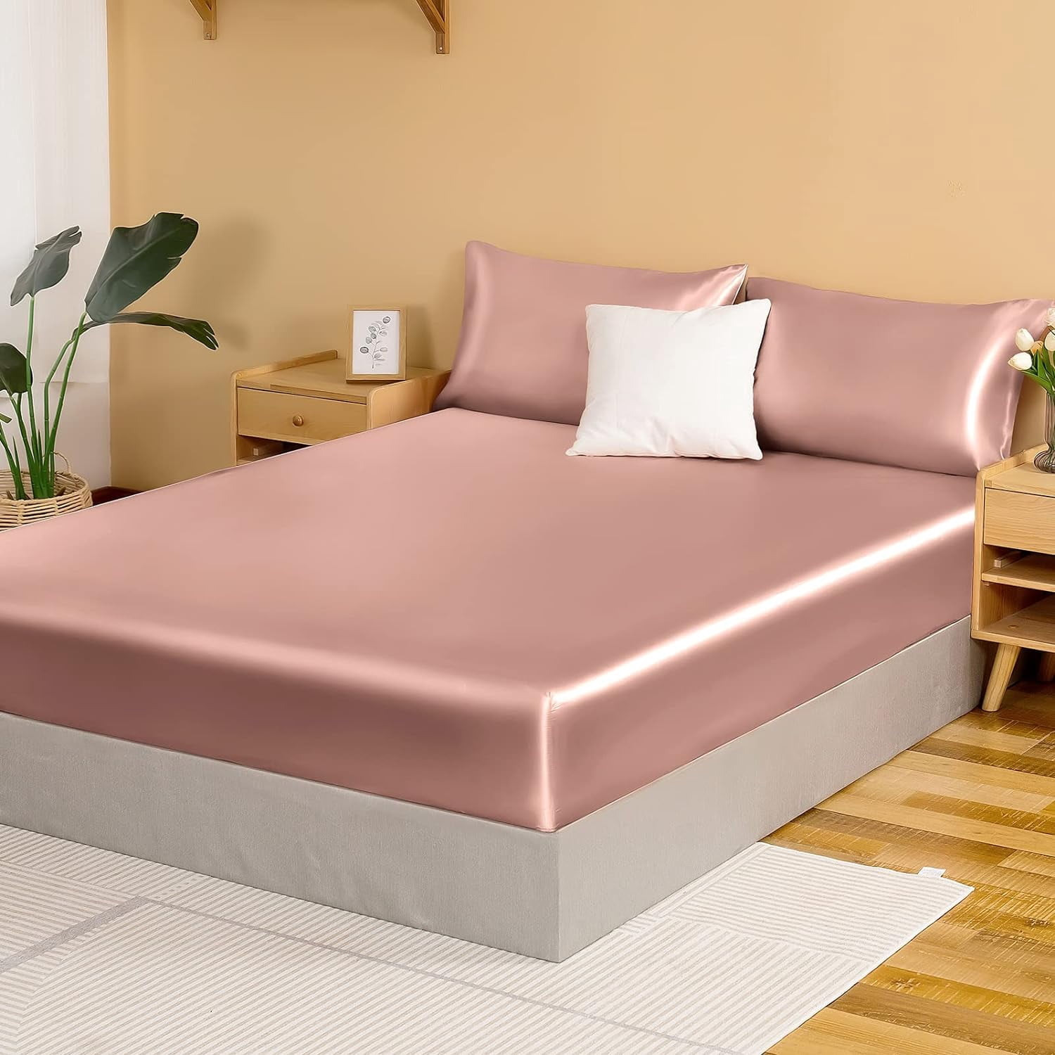 FOWWCN-Satin Fitted Sheet Full, Single Silky Fitted Sheet Only Soft ...