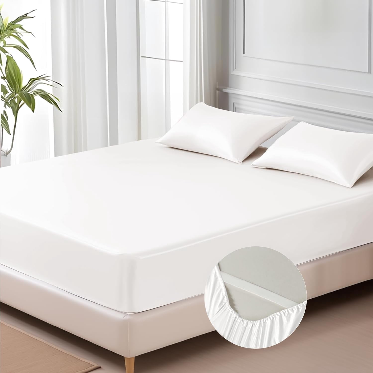 FOWWCN-Satin Fitted Sheet Full Size, Silky Bottom Sheet with Elastic ...