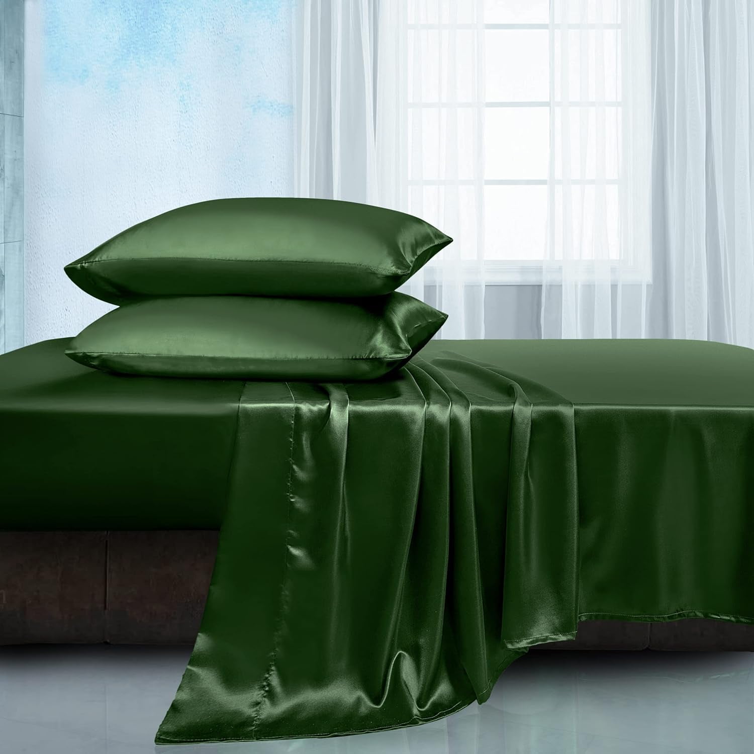 FOWWCN-Satin Full Sheets Set 4 Piece - Soft Silky Satin Sheets Set, Emerald Green Satin Bed ...