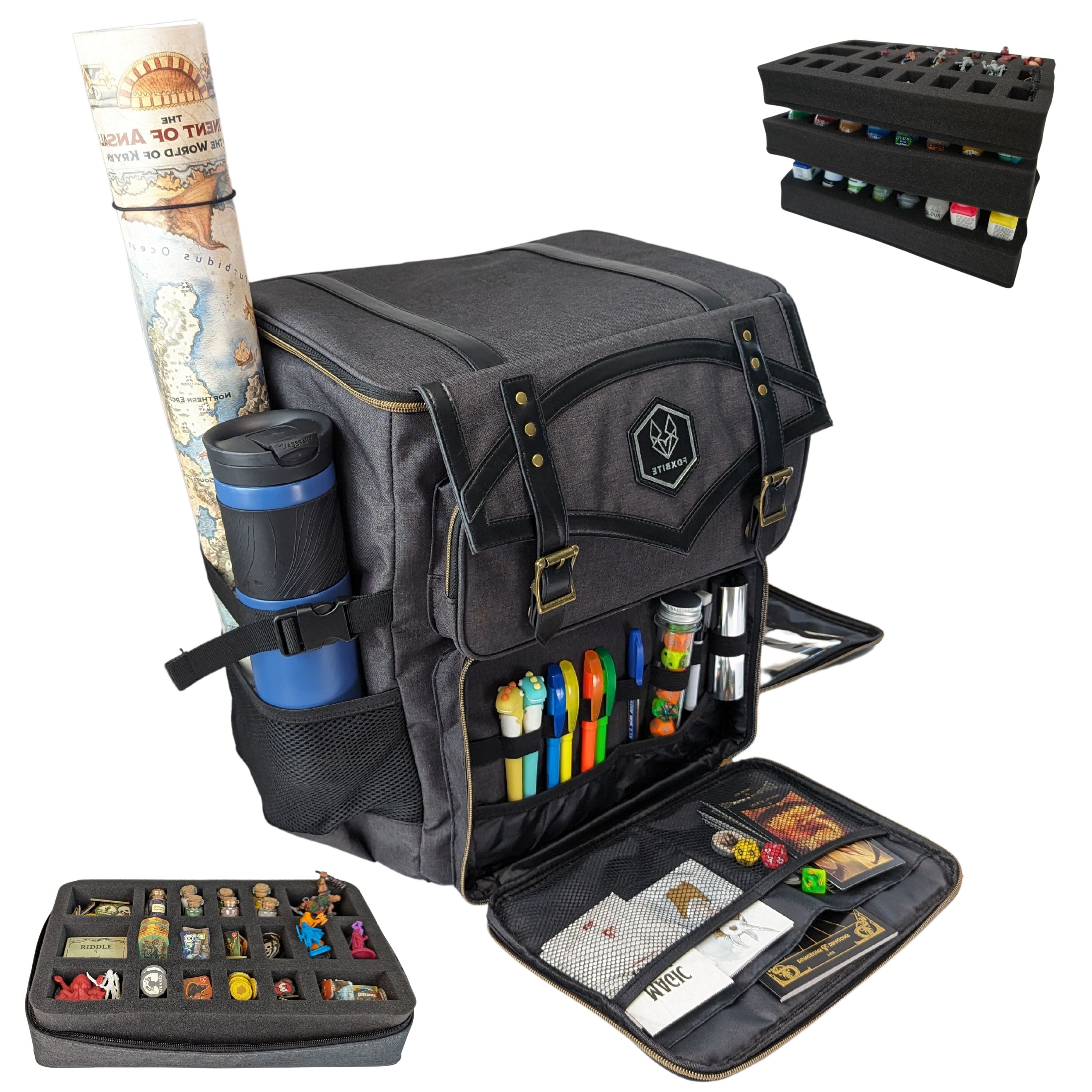 FOXBITE Upgraded RPG DND Bag: Miniatures Vault, Mat Holder, Dice ...