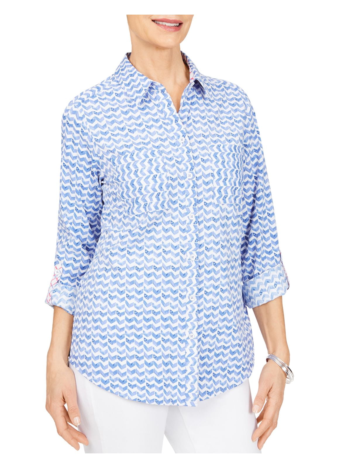 FOXCROFT Womens Blue Pocketed Pleated Curved Hem Chevron Roll-tab ...