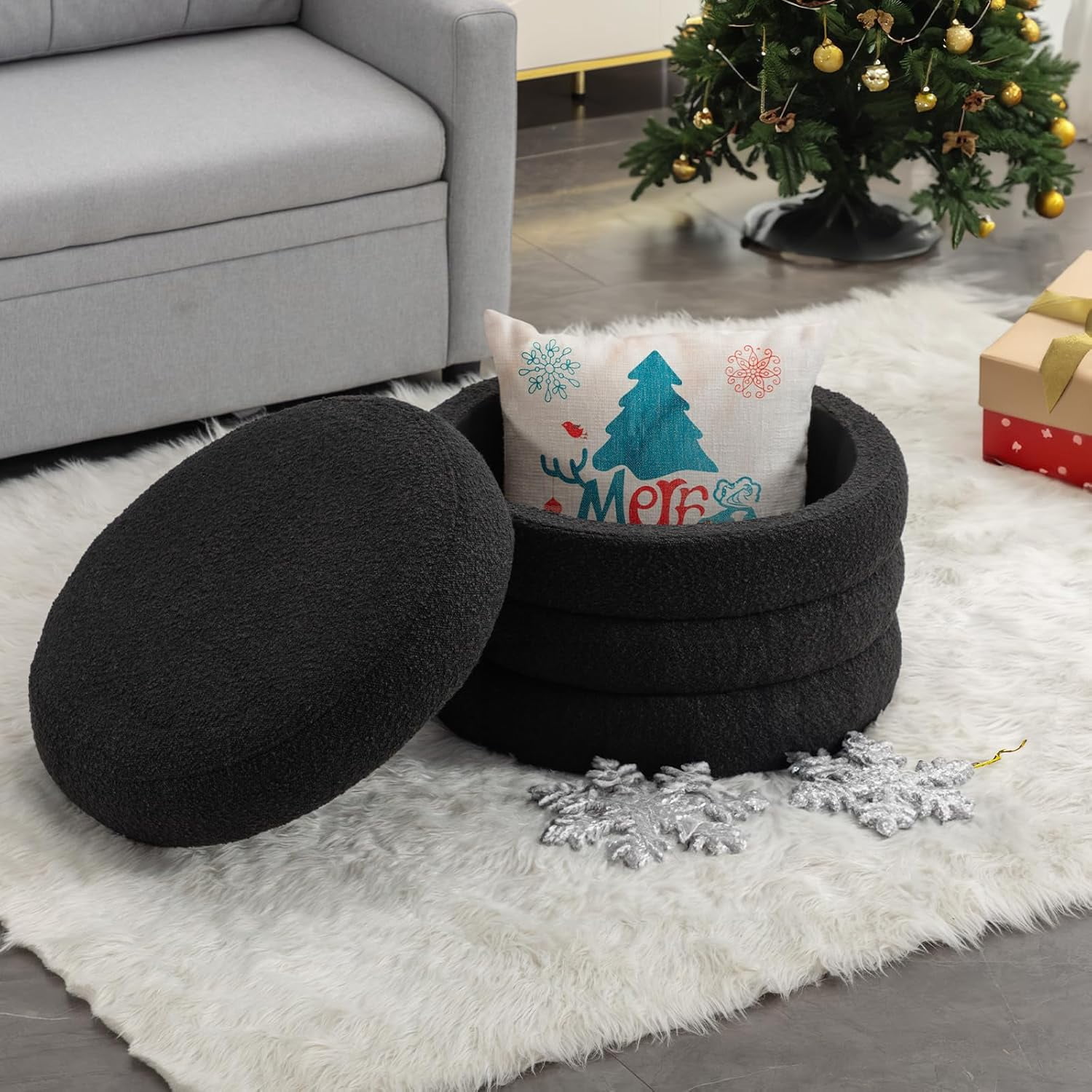 FOXHUNTER Round Ottoman with Storage, Cute Ottoman Coffee Table for ...