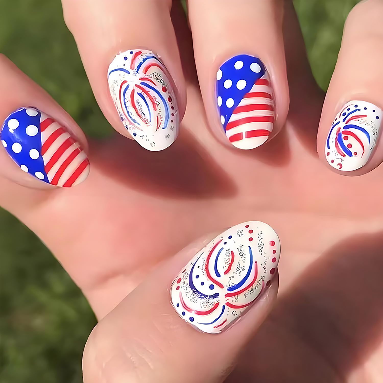 FOXIIU Press on Nails Independence Day Glossy Full Acrylic French False ...