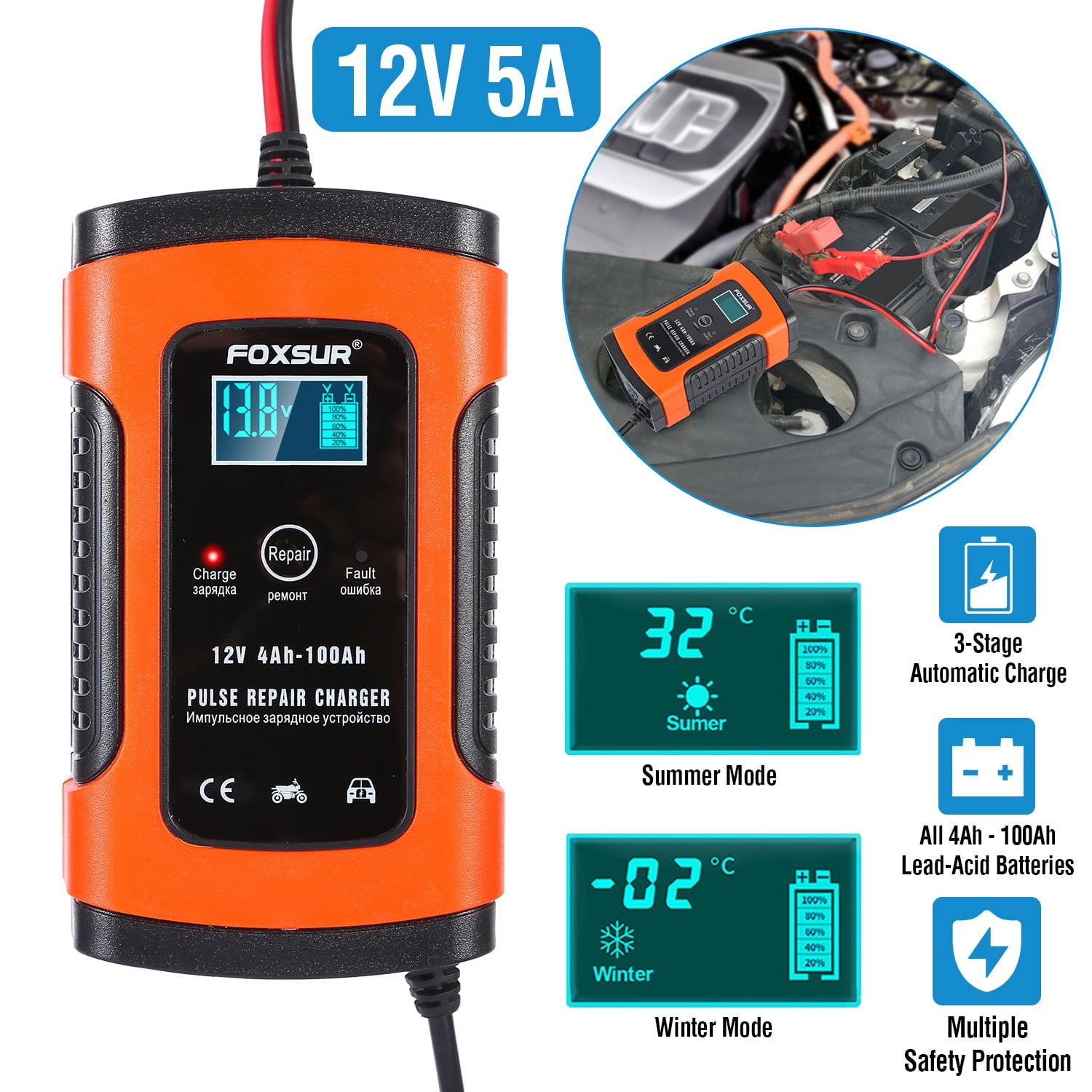FOXSUR Car Battery Charger 12V 5A LCD Intelligent Auto Motorcycle Boat ...