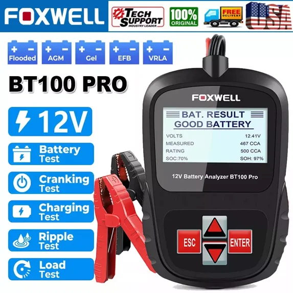 FOXWELL BT100 PRO 12V Car Battery Tester, Vehicle Voltage Checker, Auto ...