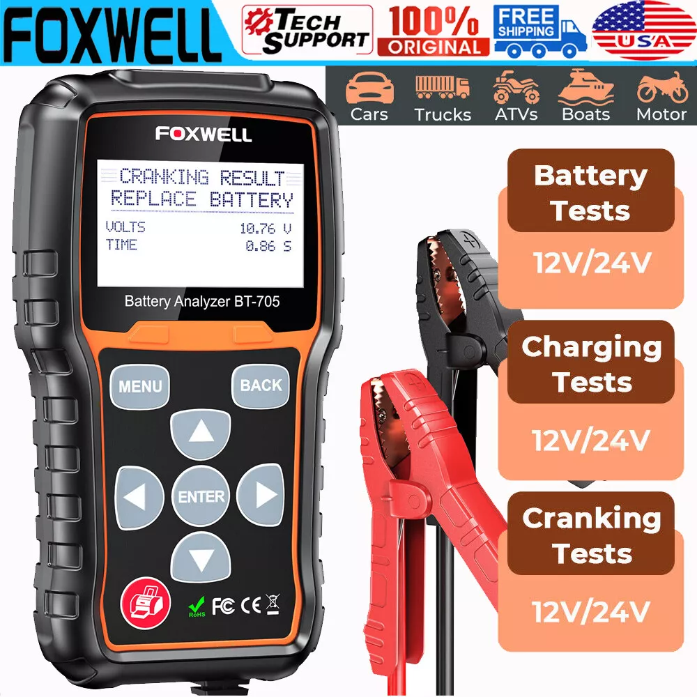FOXWELL BT705 Car Battery Tester 12V 24V, Automotive 100-2000CCA ...