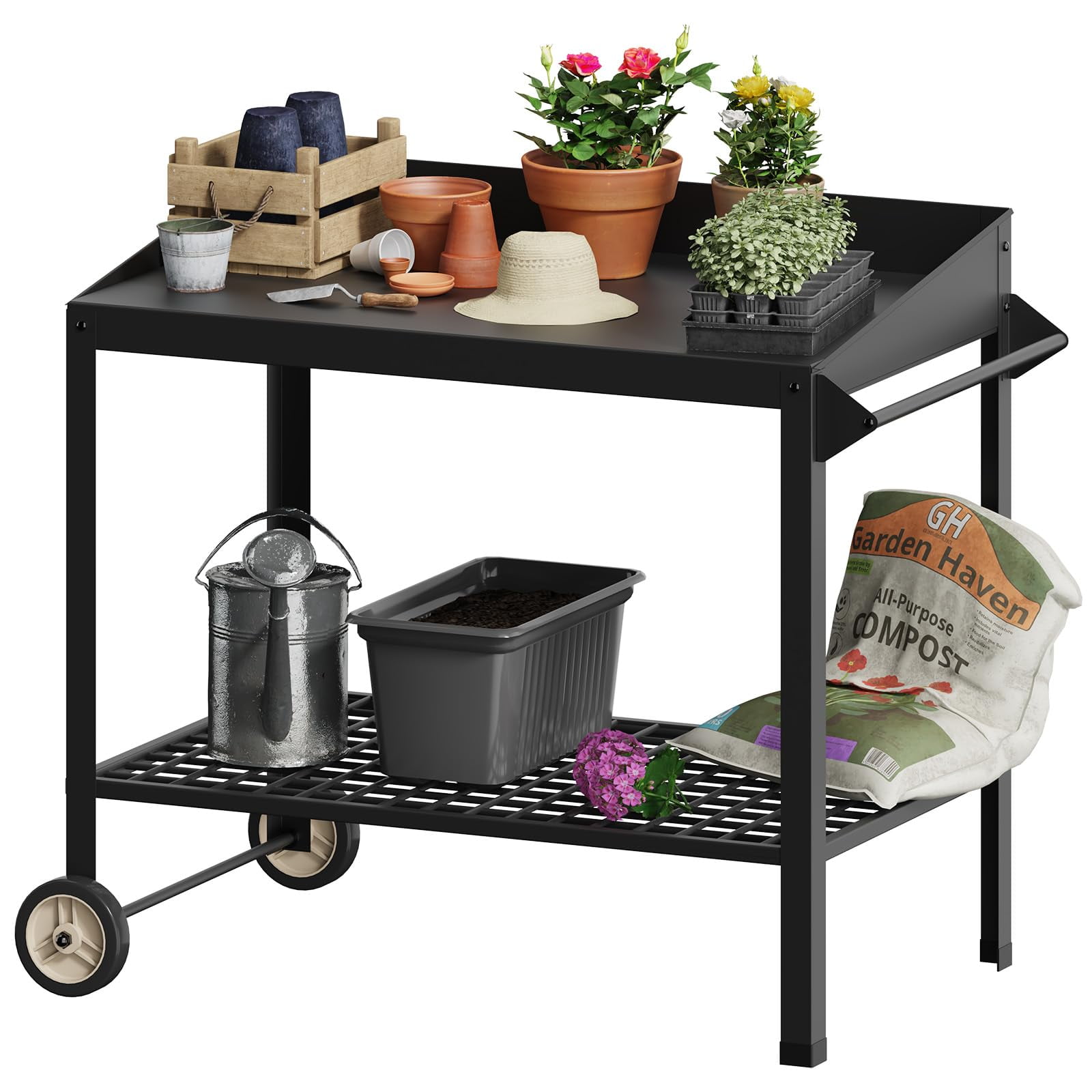 FOYUEE Metal Potting Bench with Wheels Planting Table for Outdoor ...