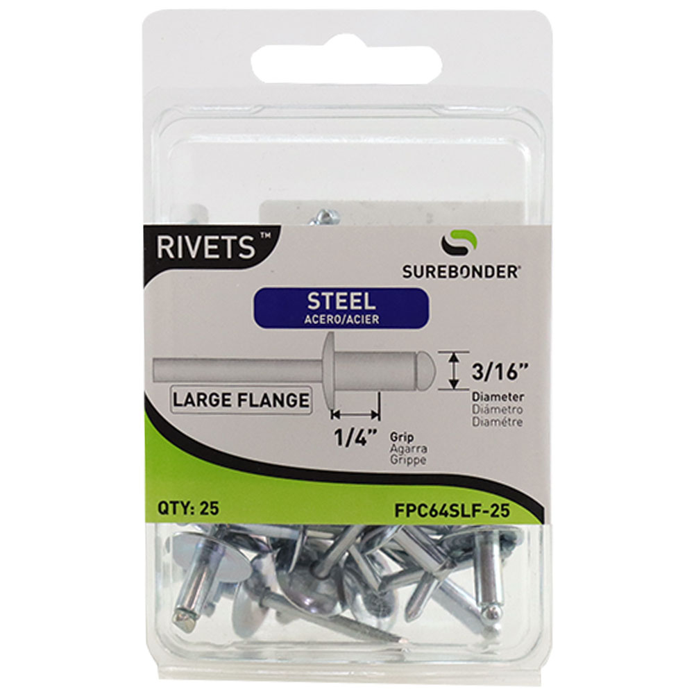 FPC64SLF-25 Large Flange Short Steel Rivets - 3/16" Diameter, 1/4" Grip ...