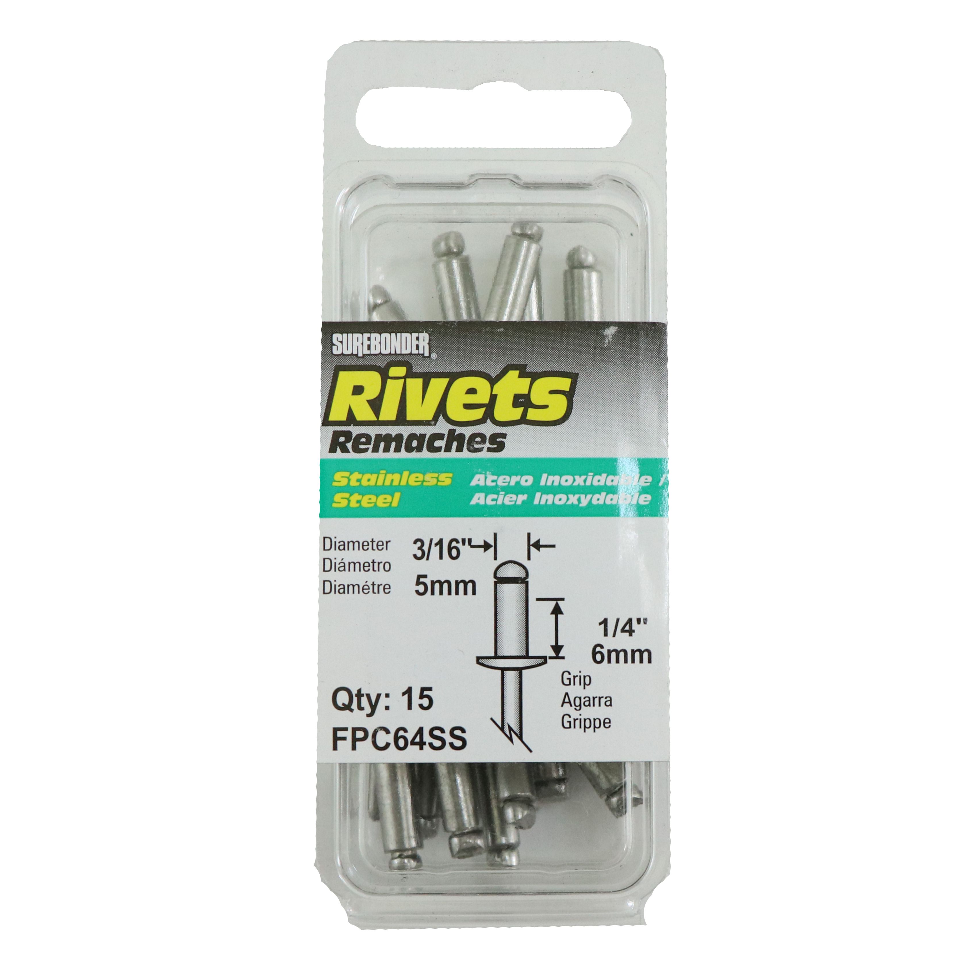 FPC64SS Short Stainless Steel Rivets - 3/16" Diameter, 1/4" Grip - 15 ...