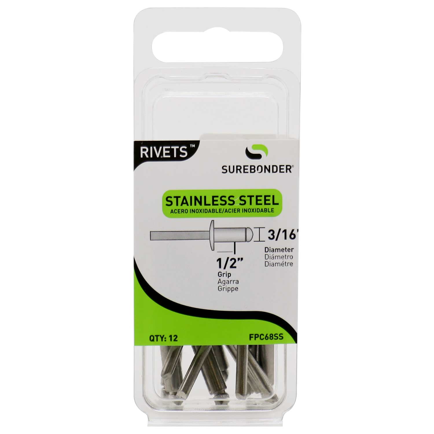 FPC68SS Long Stainless Steel Rivets - 3/16" Diameter, 1/2" Grip - 12 ...