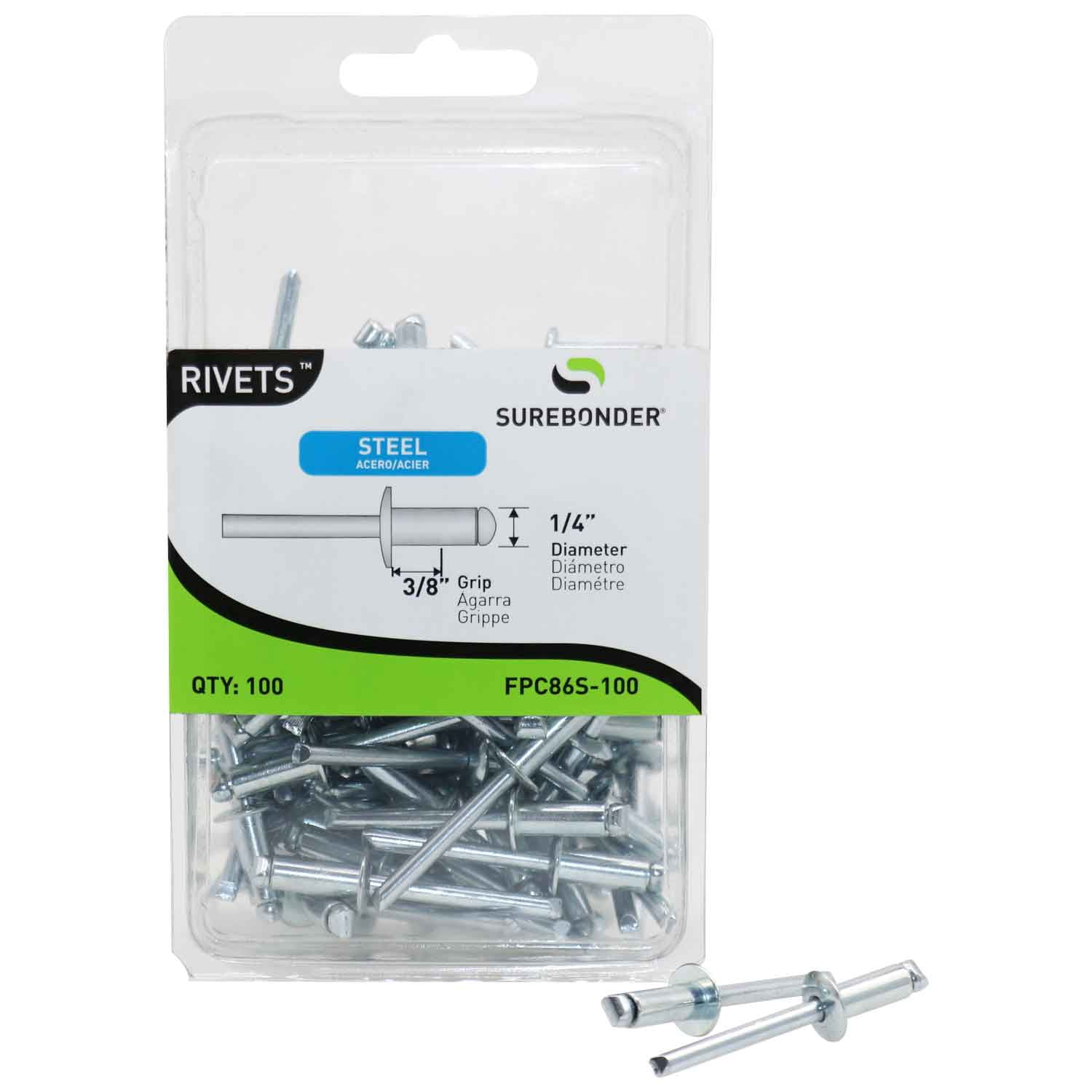 Surebonder FPC86S-100 Heavy Duty Short Steel Pop Rivets - 1/4" Diameter ...